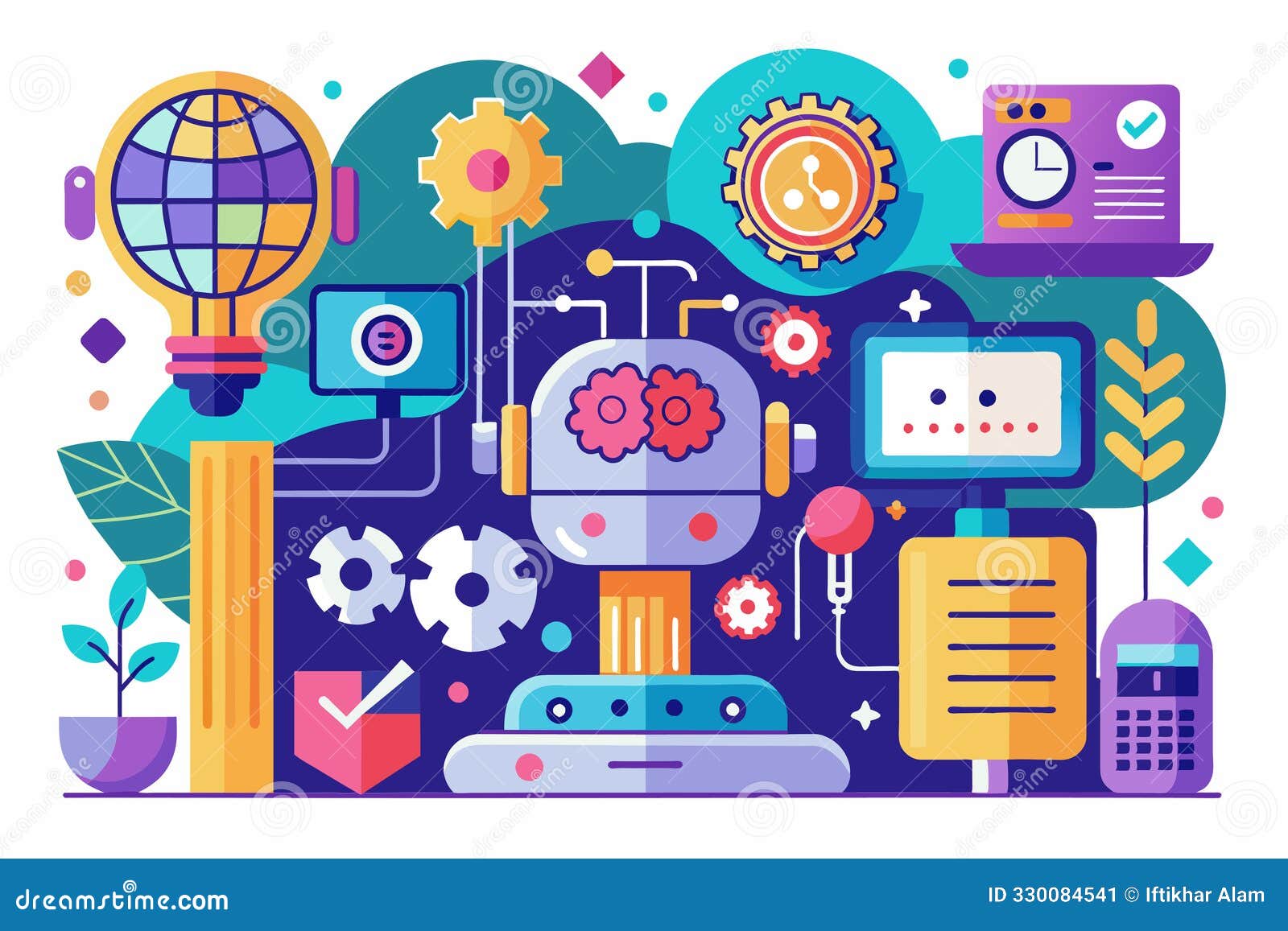 A Vibrant Robot is Set among Gears, Charts, and Devices, Showcasing a ...