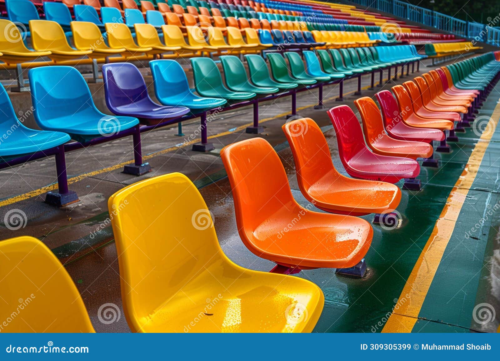 Vibrant Rows Of Multi Colored Plastic Seats Fill The Stadium Grandstand ...