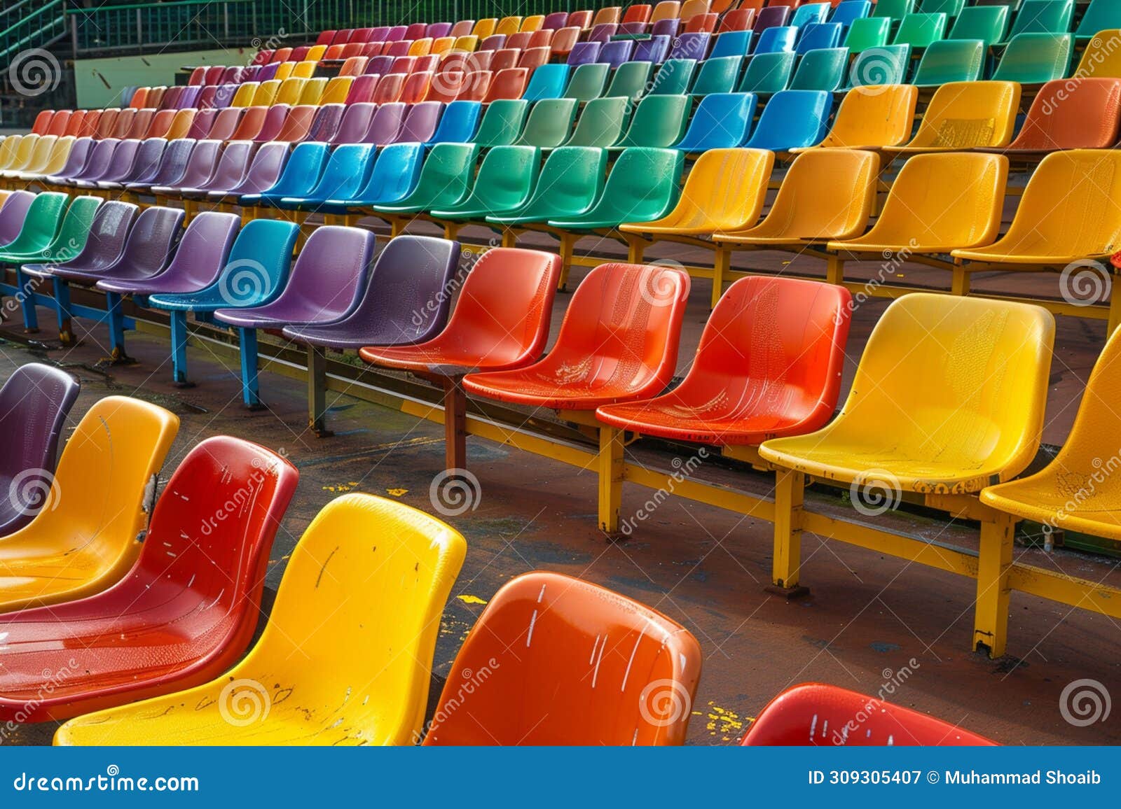 Vibrant Rows Of Multi Colored Plastic Seats Fill The Stadium Grandstand ...