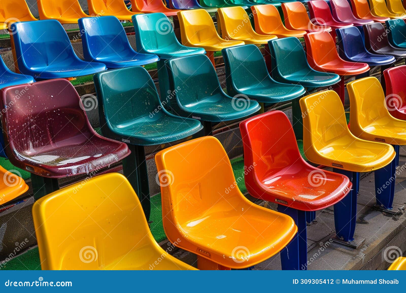 Vibrant Rows Of Multi Colored Plastic Seats Fill The Stadium Grandstand ... Vibrant Rows Of Multi Colored Plastic Seats Fill The Stadium Grandstand ...