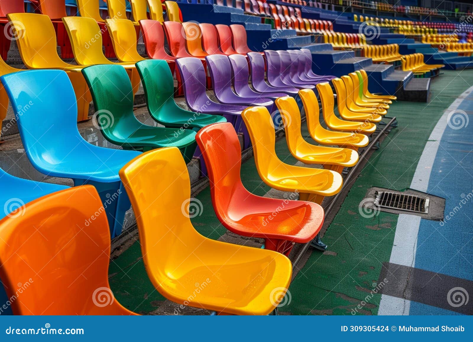 Vibrant Rows Of Multi Colored Plastic Seats Fill The Stadium Grandstand ...