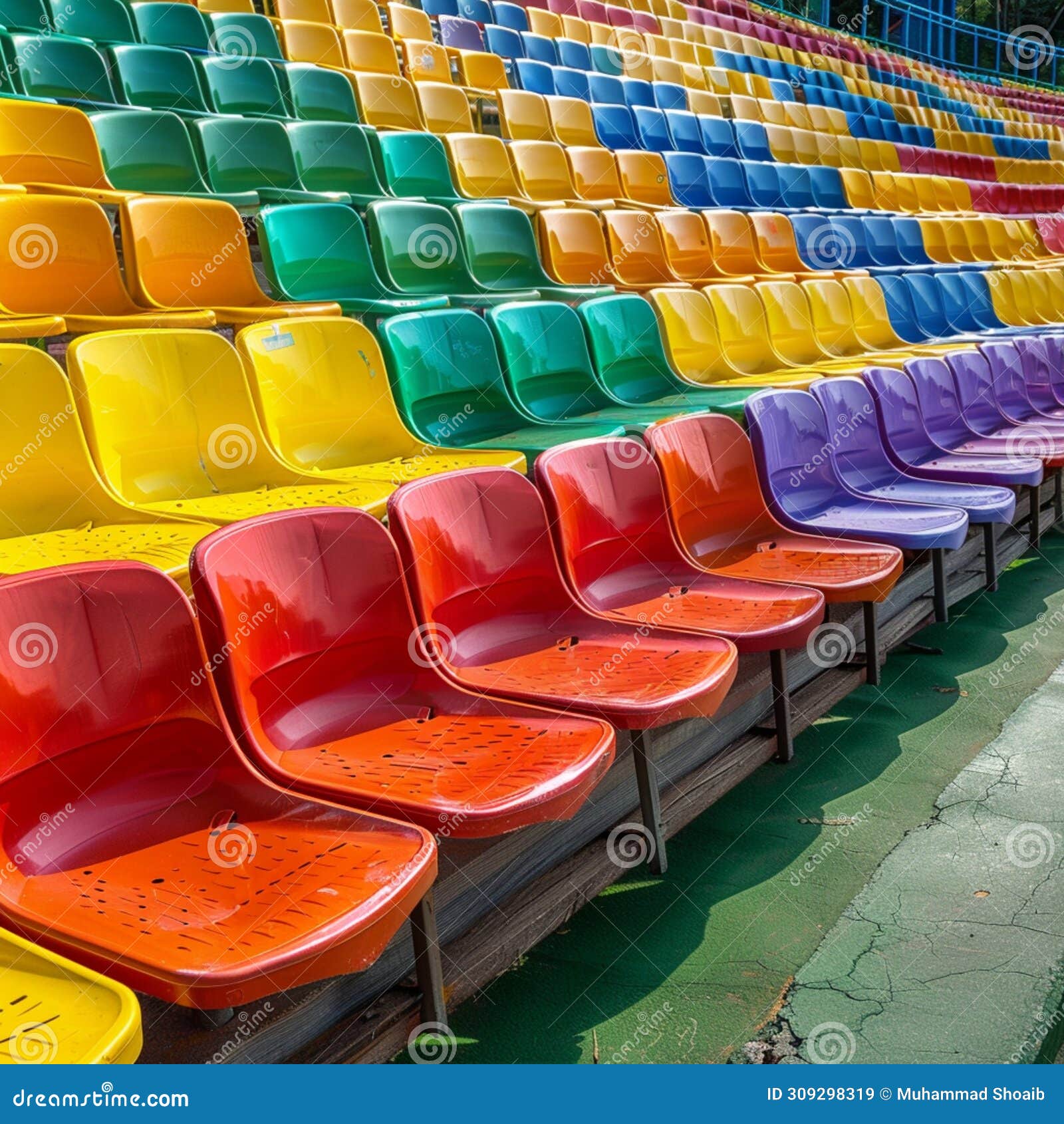 Vibrant Rows Of Multi Colored Plastic Seats Fill The Stadium Grandstand ... Vibrant Rows Of Multi Colored Plastic Seats Fill The Stadium Grandstand ...
