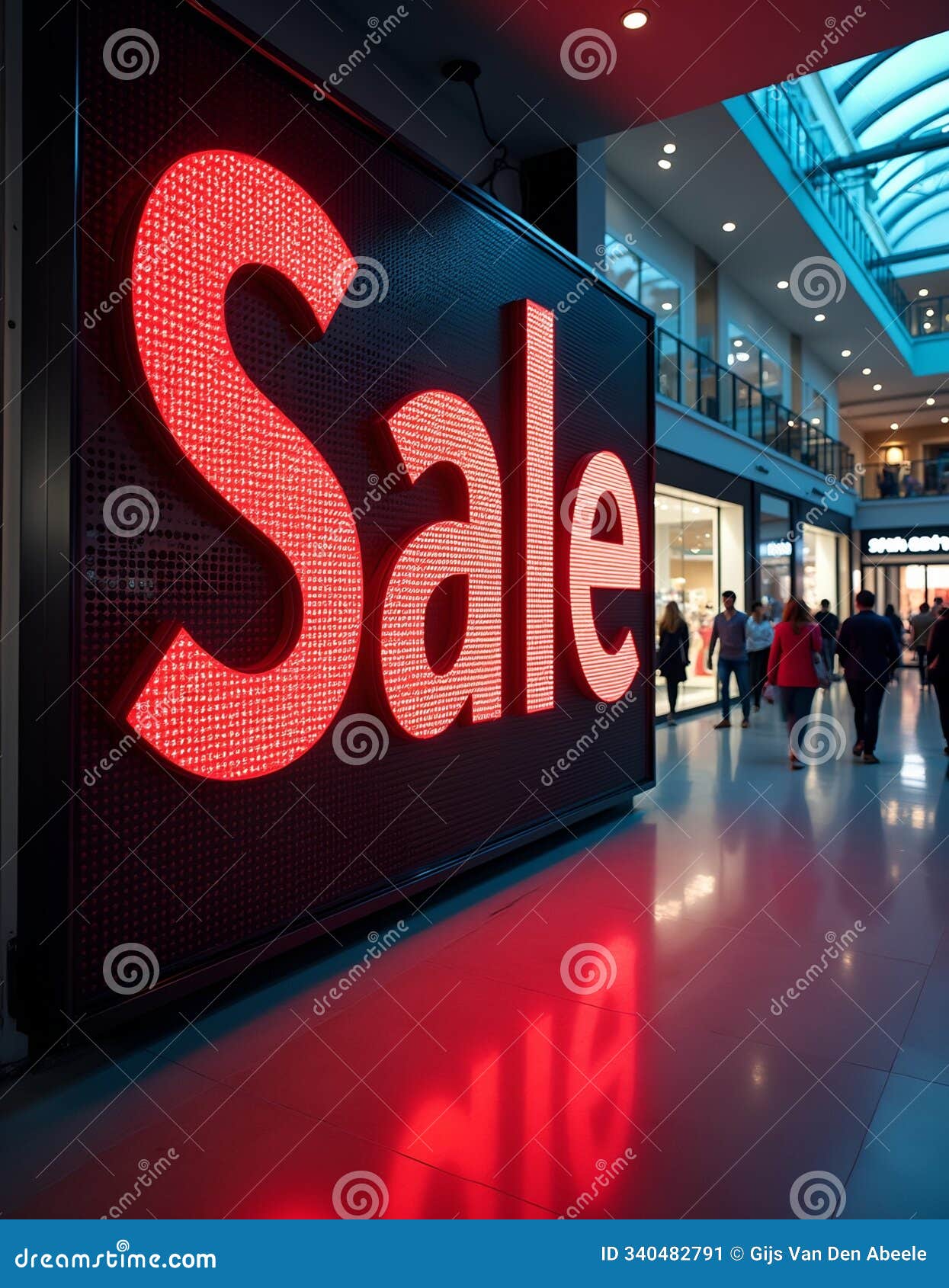 Vibrant Sale Sign with Bustling Mall Backdrop Stock Illustration ...