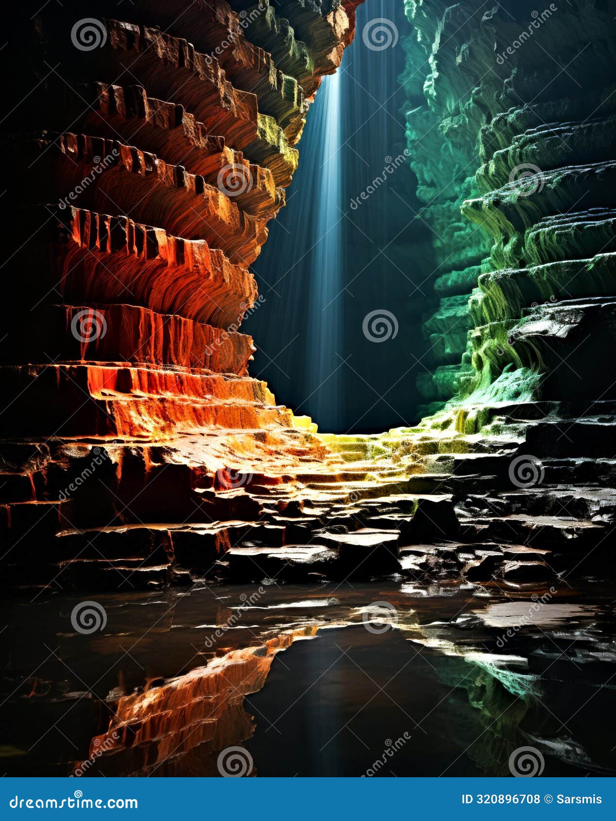 Vibrant Sandstone Cave with Dramatic Light Beams and Water Reflection ...