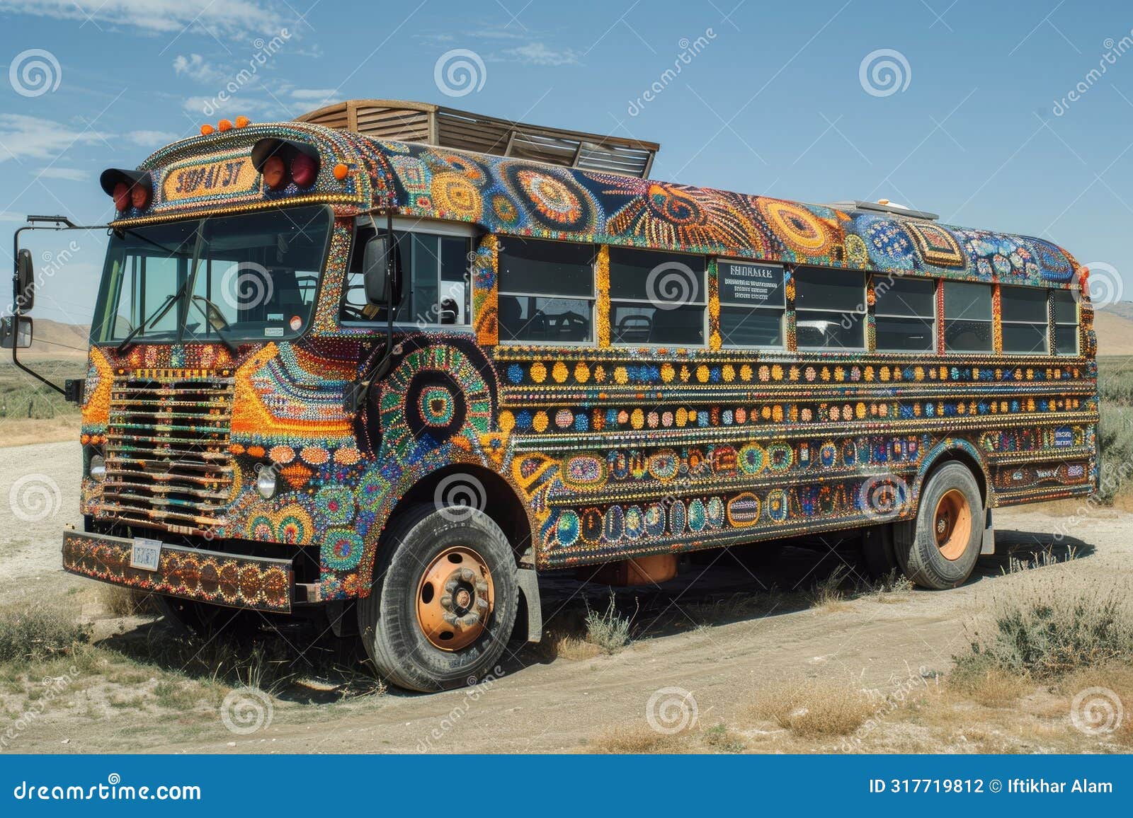 A Vibrant School Bus with Geometric Patterns Parked on the Side of a ...