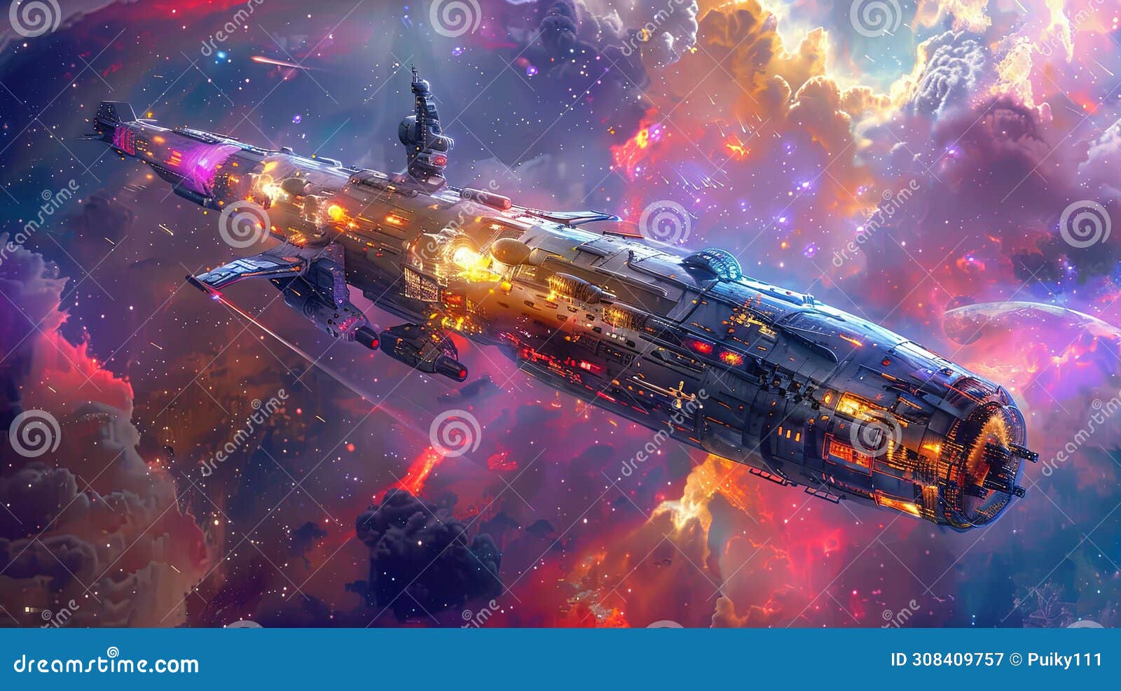 A Vibrant Science Fiction Scene Featuring a Large Spacecraft with ...