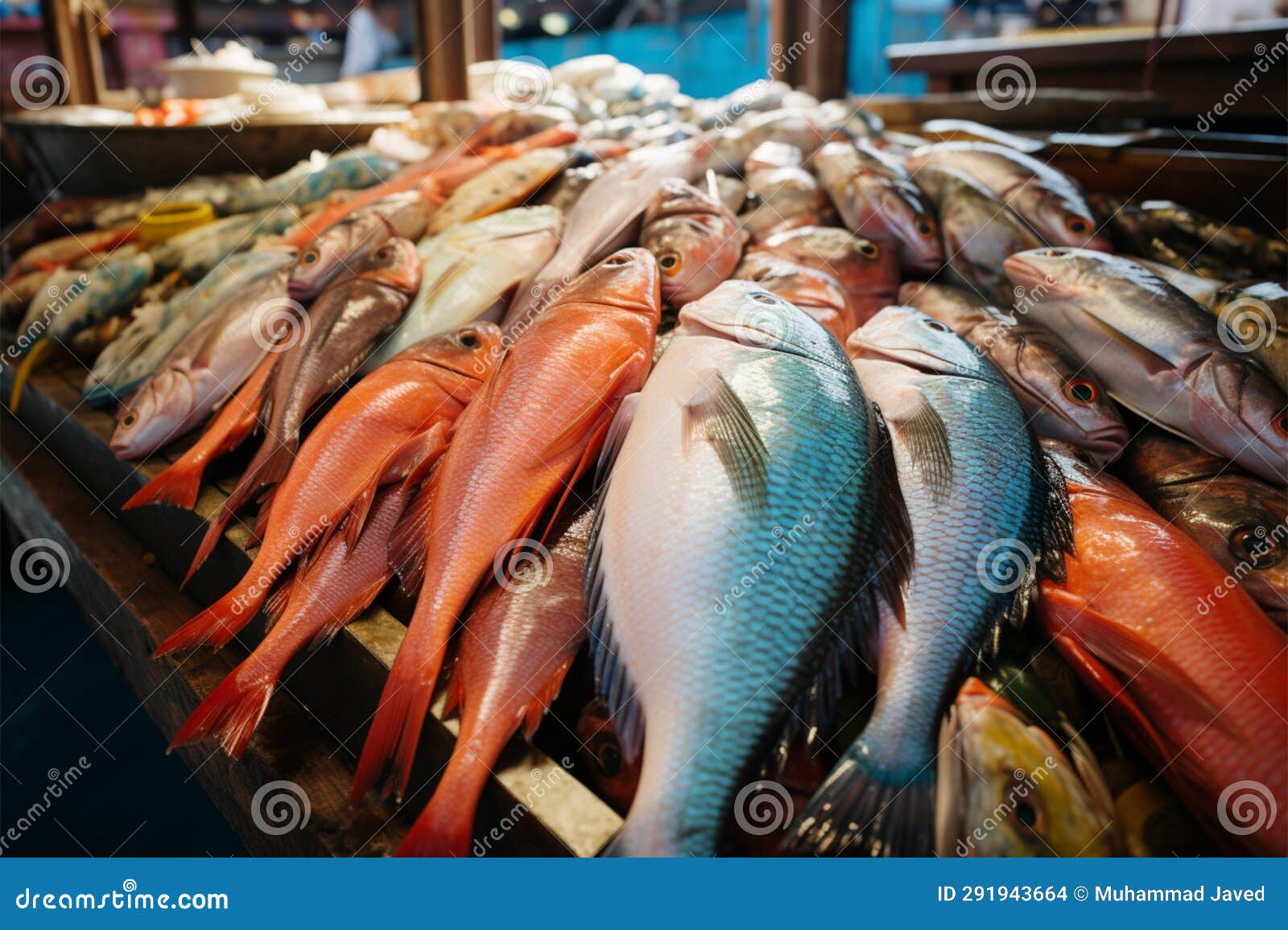 A Vibrant Seafood Market Showcases An Array Of Assorted Fish Stock ...