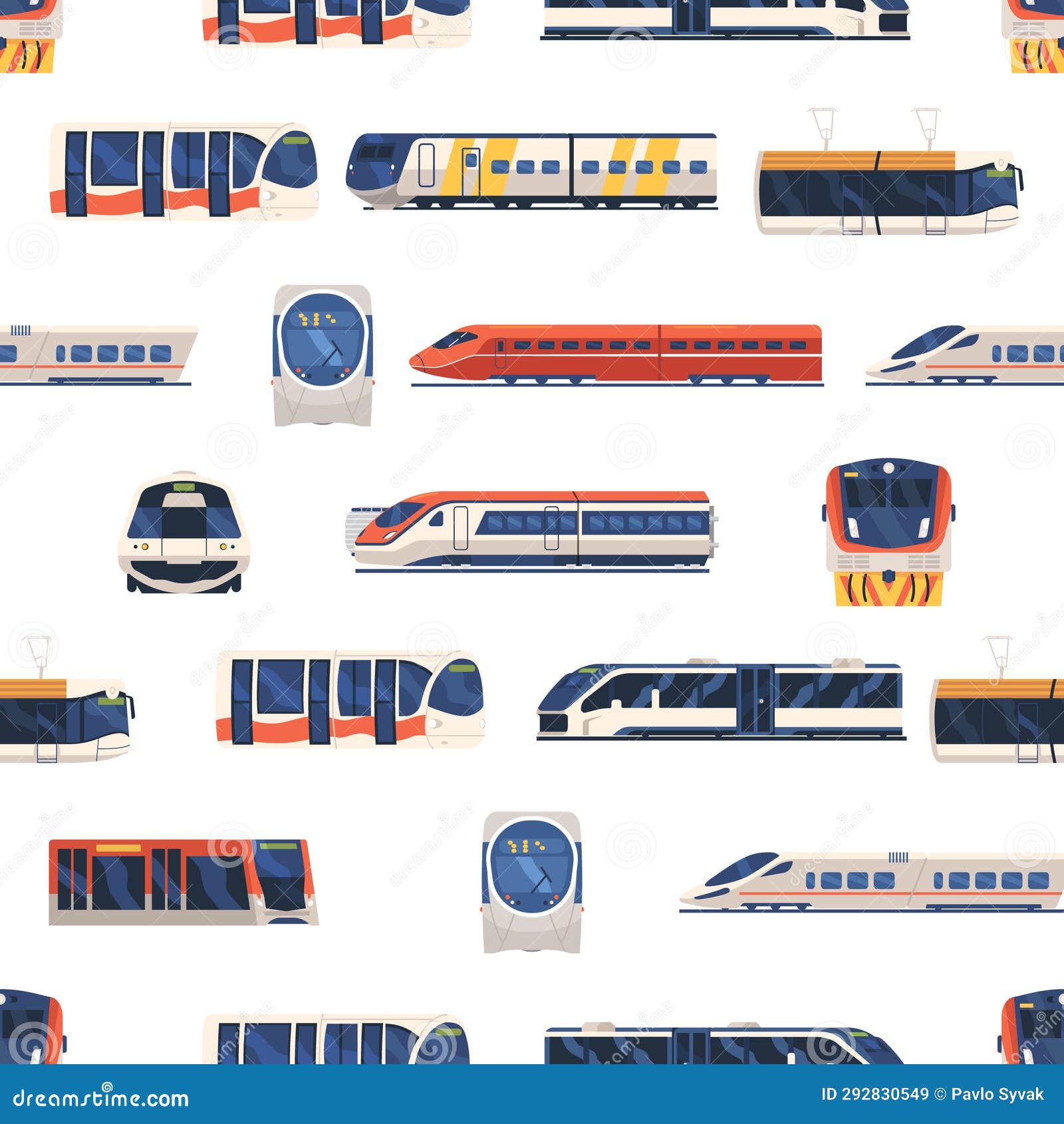Vibrant Seamless Pattern Featuring Modern Trains and Trams in a ...