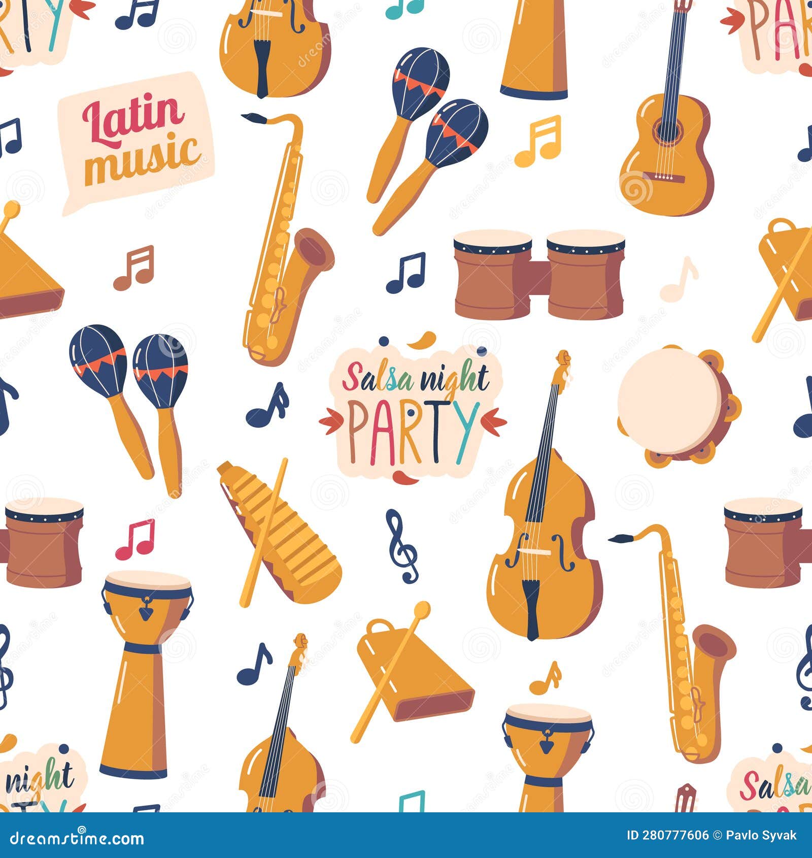 Vibrant Seamless Pattern Showcasing Various Latino Music Instruments in ...