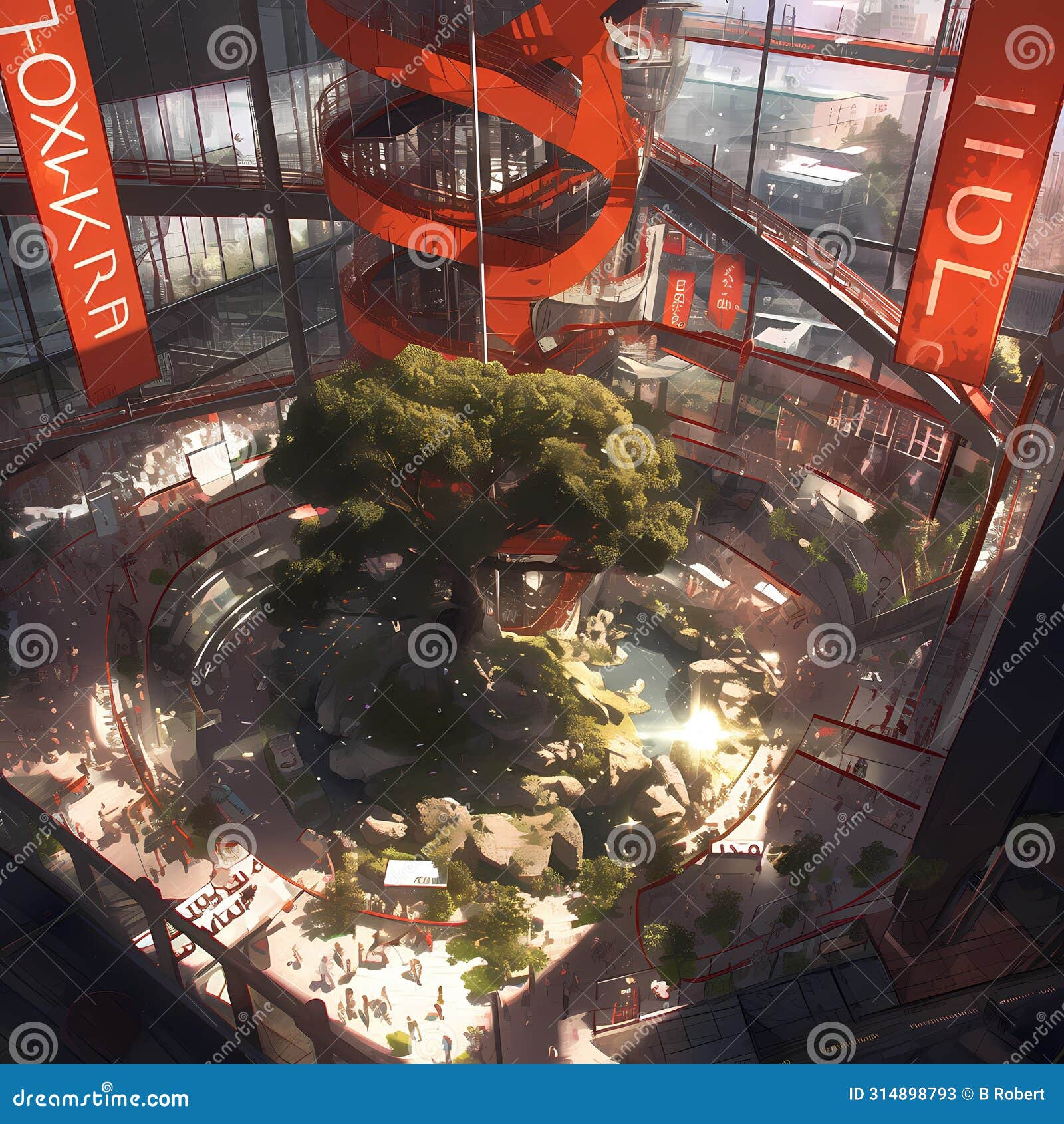 Vibrant Shopping Center Atrium with Glass Elevator and Tree Stock ...