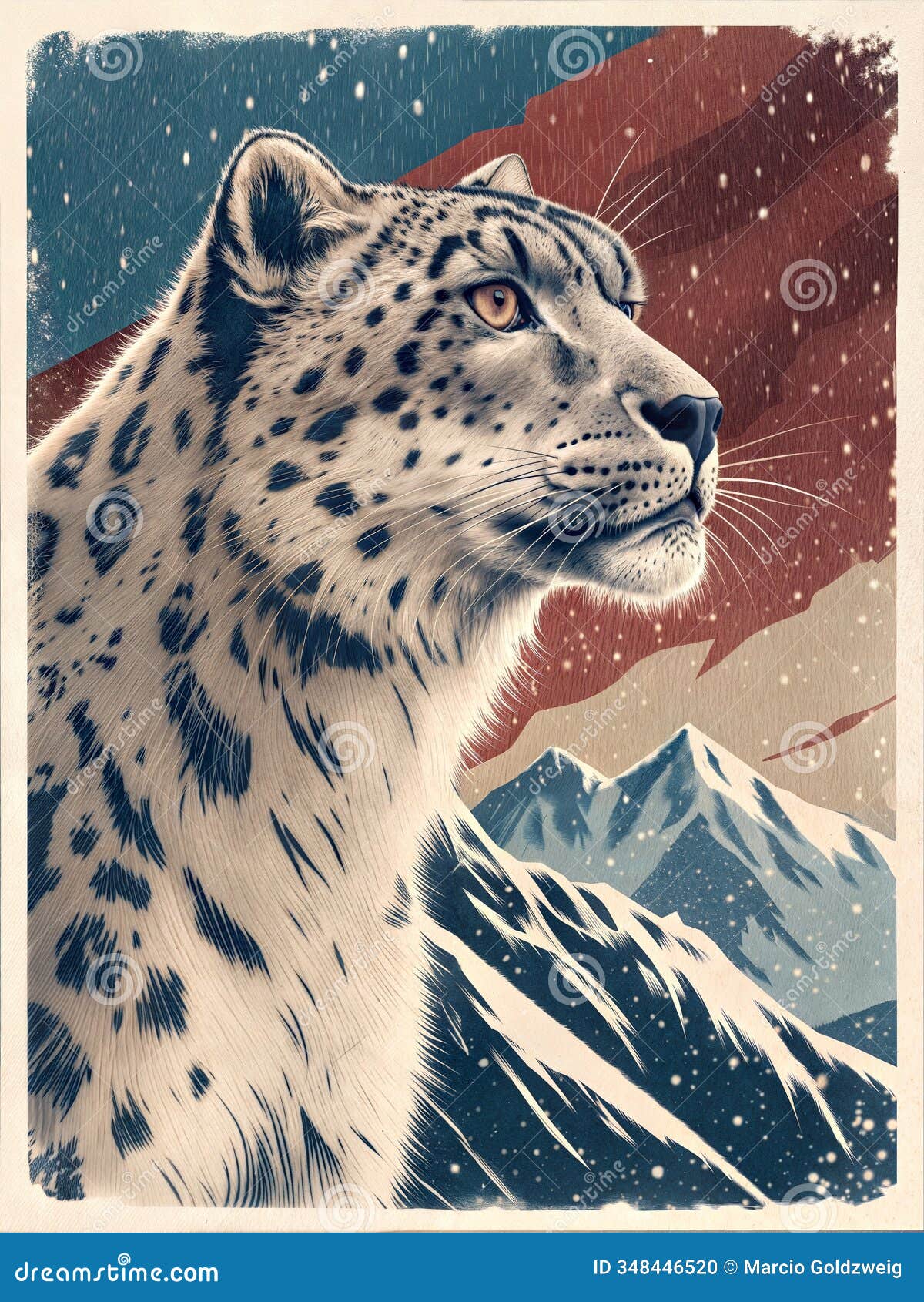Vibrant Snow Leopard Illustration with a Retro Glitch Appeal in Bold ...