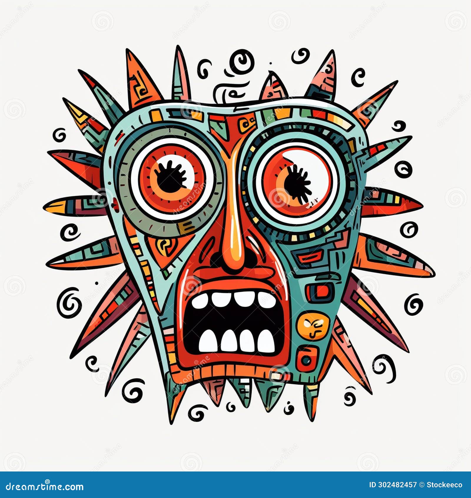 Colorful Tribal Abstraction Cartoon Face: Folk Art Doodle Clipart Stock ...