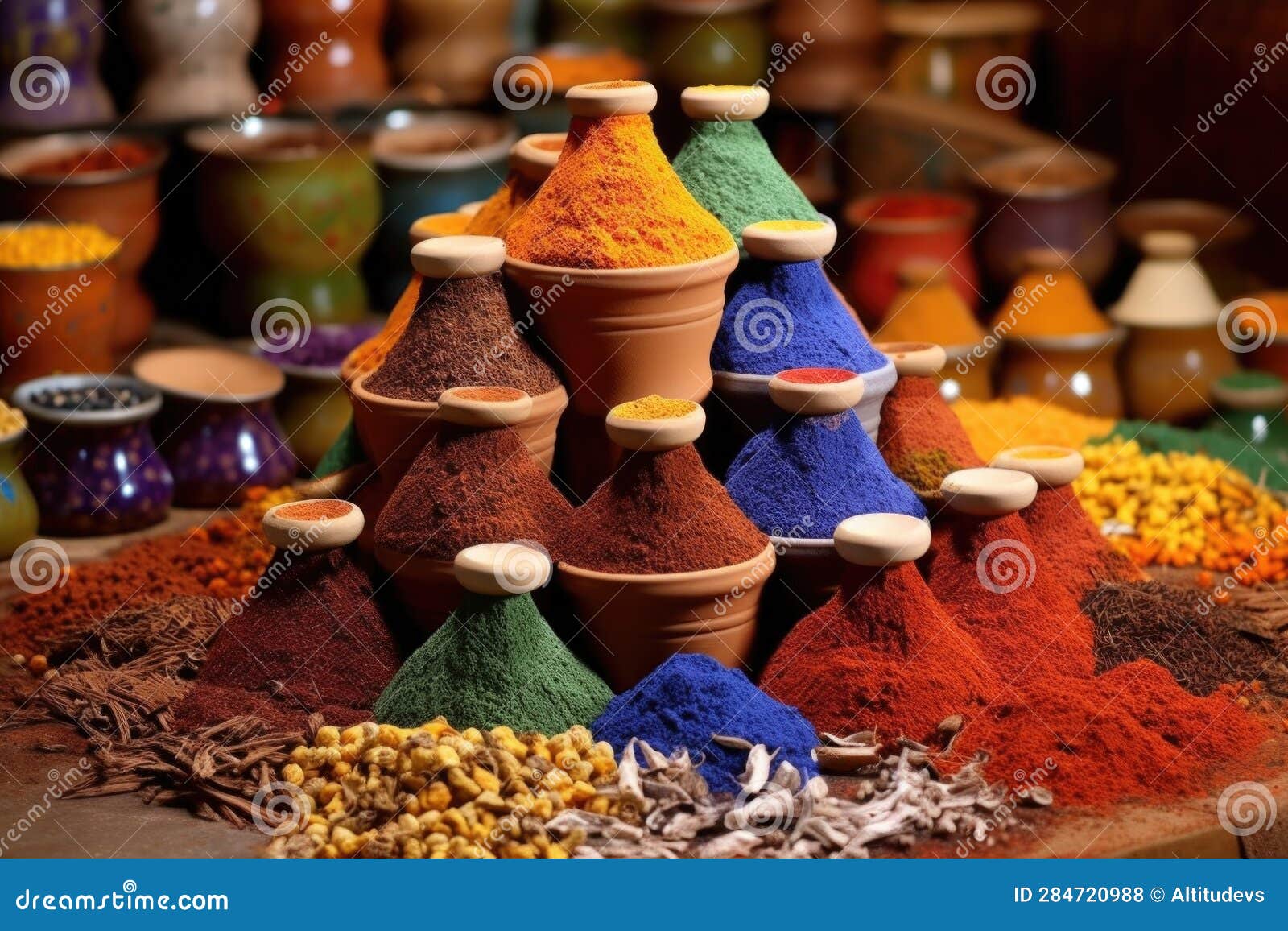 Vibrant Spice Piles in Traditional Clay Pots Stock Illustration ...