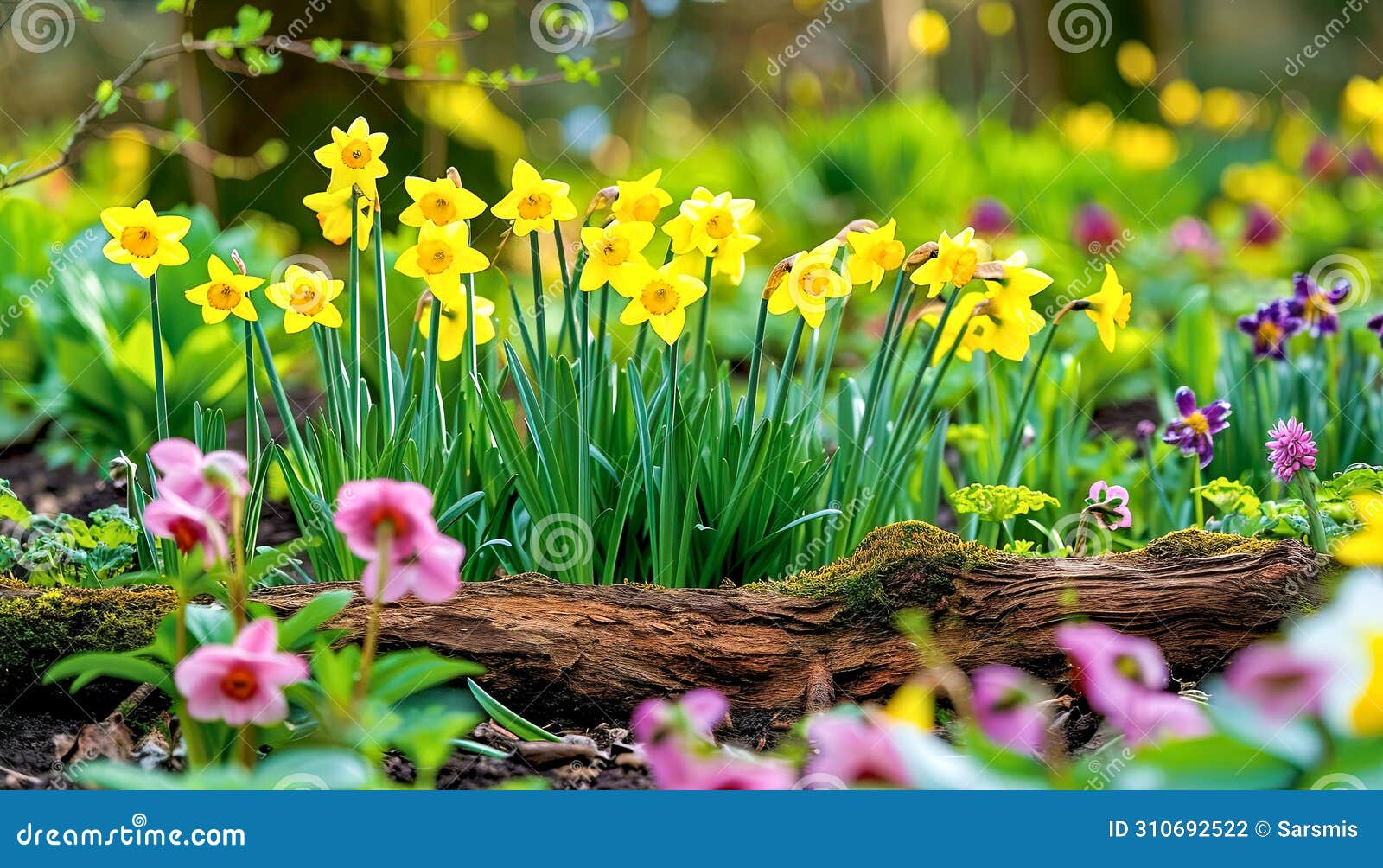 Vibrant Spring Flowers on Wooden Mossy Log Stock Illustration ...