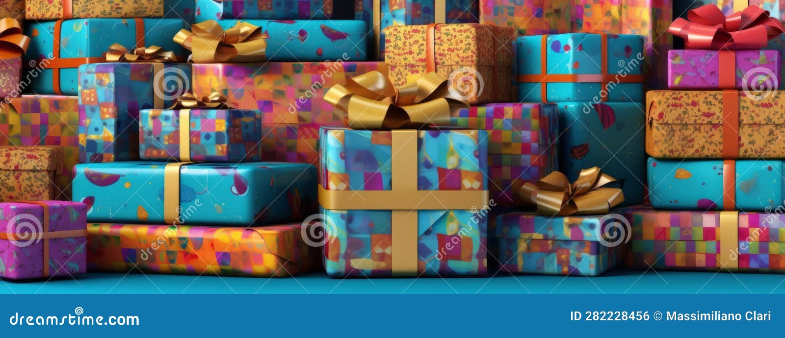 A Vibrant Stack of Beautifully Wrapped Gift Boxes in Various Sizes and ...