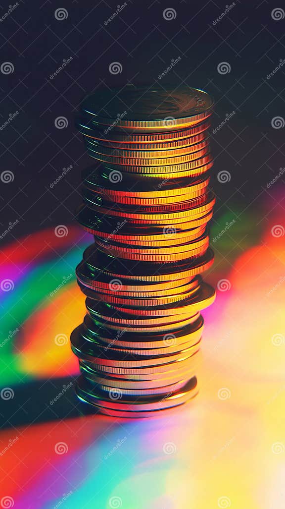 Vibrant Stack of Coins with Colorful Light Reflections in a Dark ...