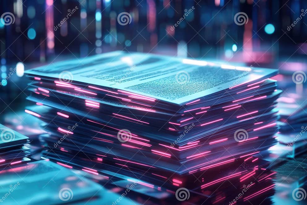 Colorful Stack of Papers Illuminated by Neon Lights in a Futuristic ...