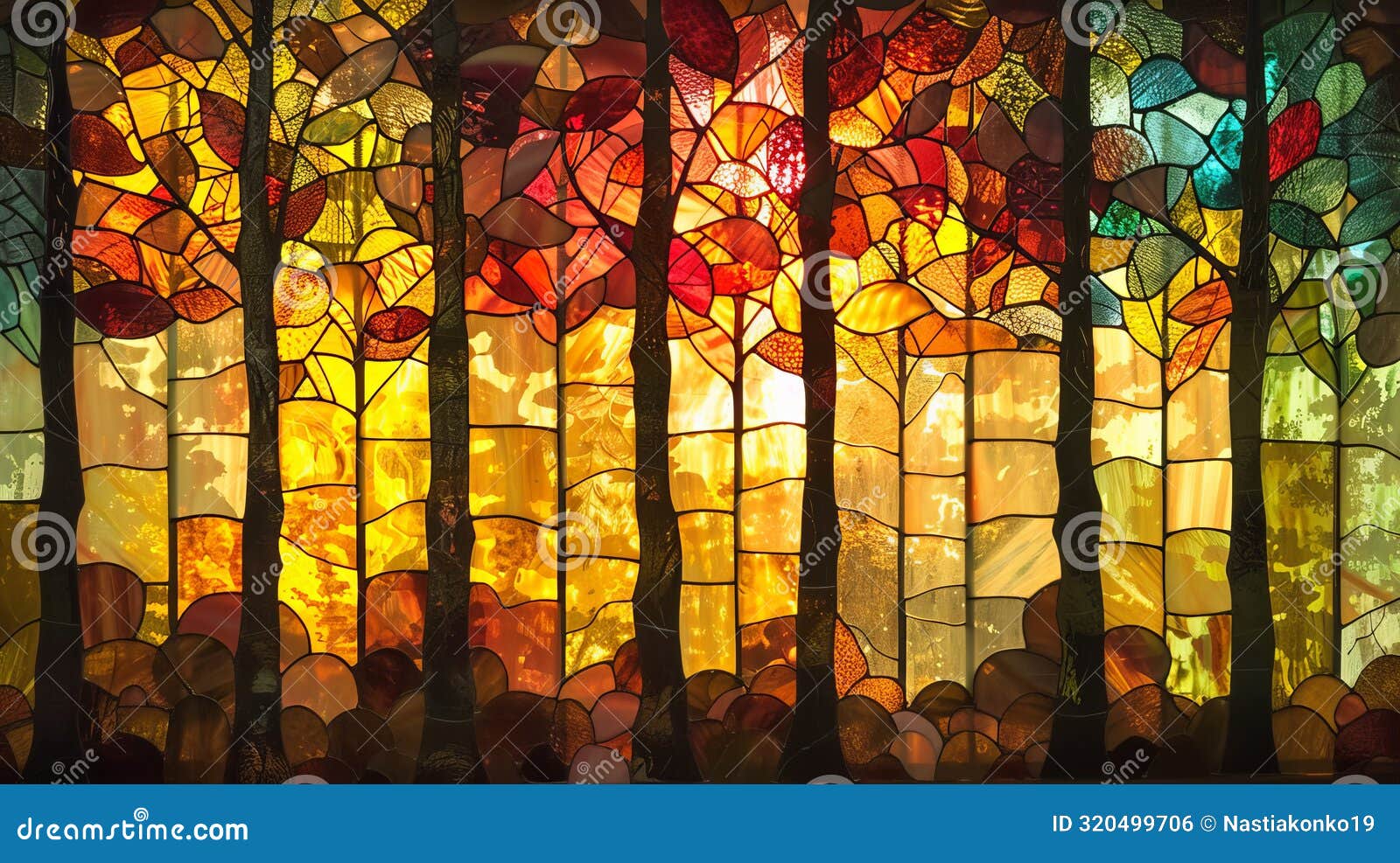 Vibrant Stained Glass Window Art Featuring Autumn Forest Scene Stock ...