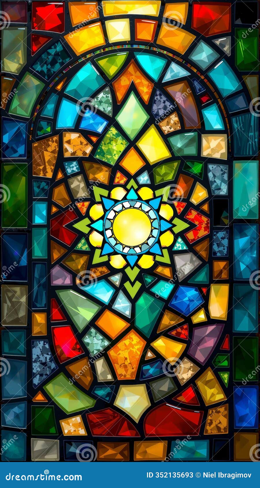 Vibrant Stained Glass Window with Geometric Mosaic Patterns and Central ...