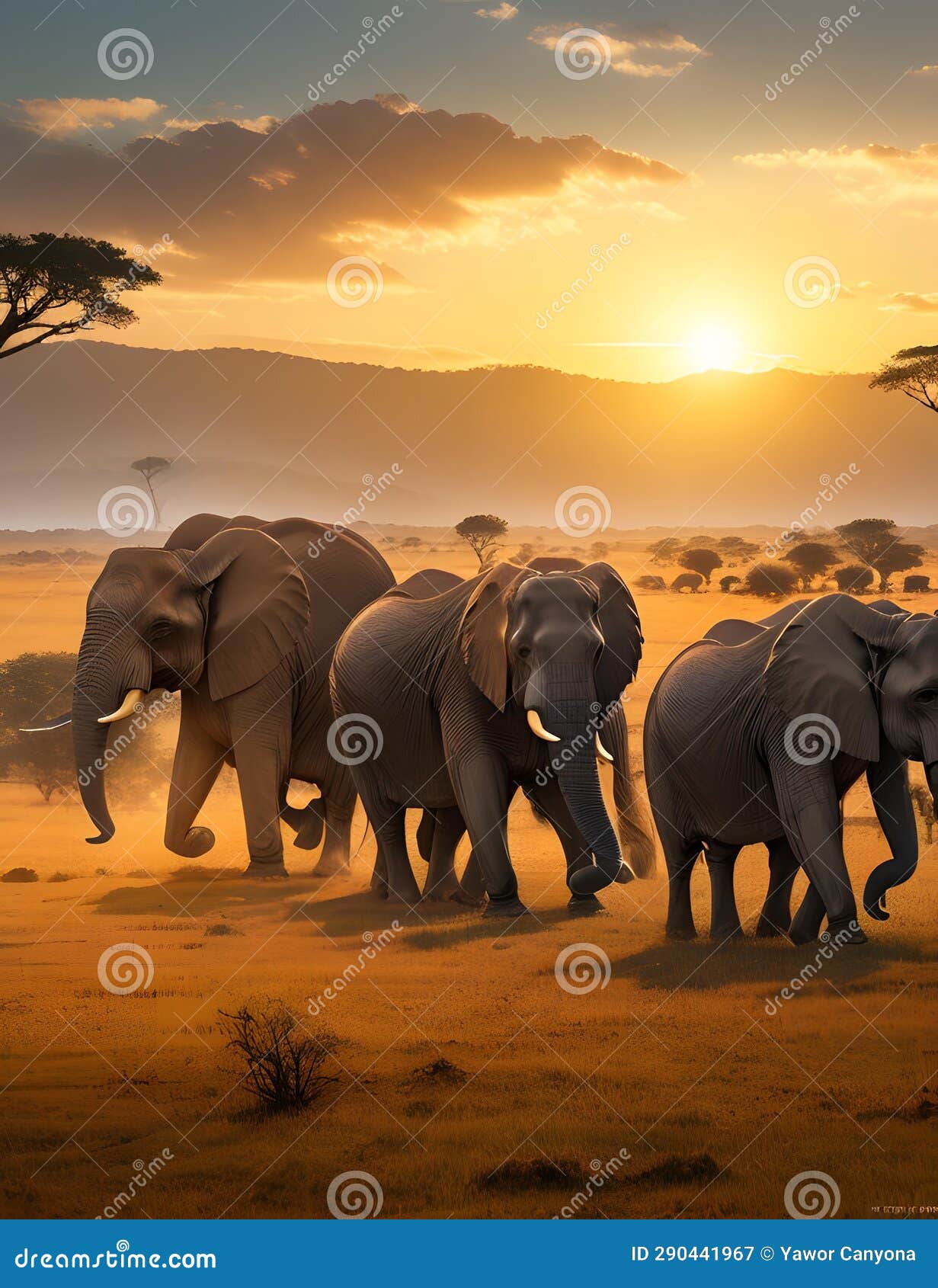 A Vibrant Stampede of Elephants, Their Tusks Gleaming in the Light of a ...