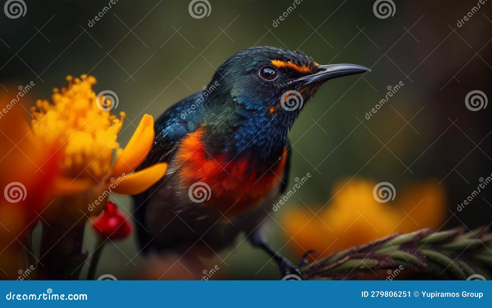 Vibrant Starling Perched on Branch, Pollinating Colorful Flower ...
