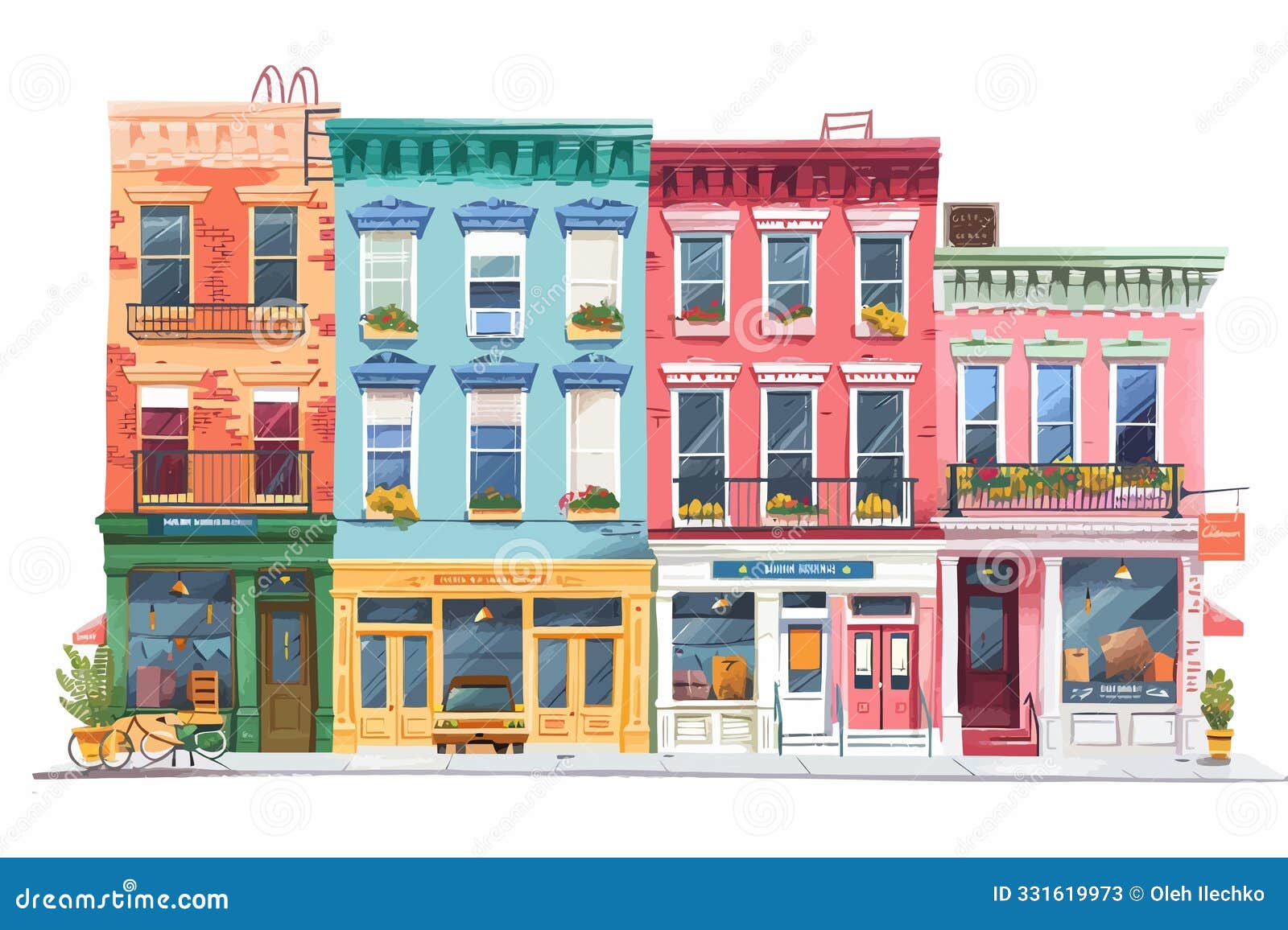Vibrant Storefronts in a Historic District Isolated Vector Style Stock ...