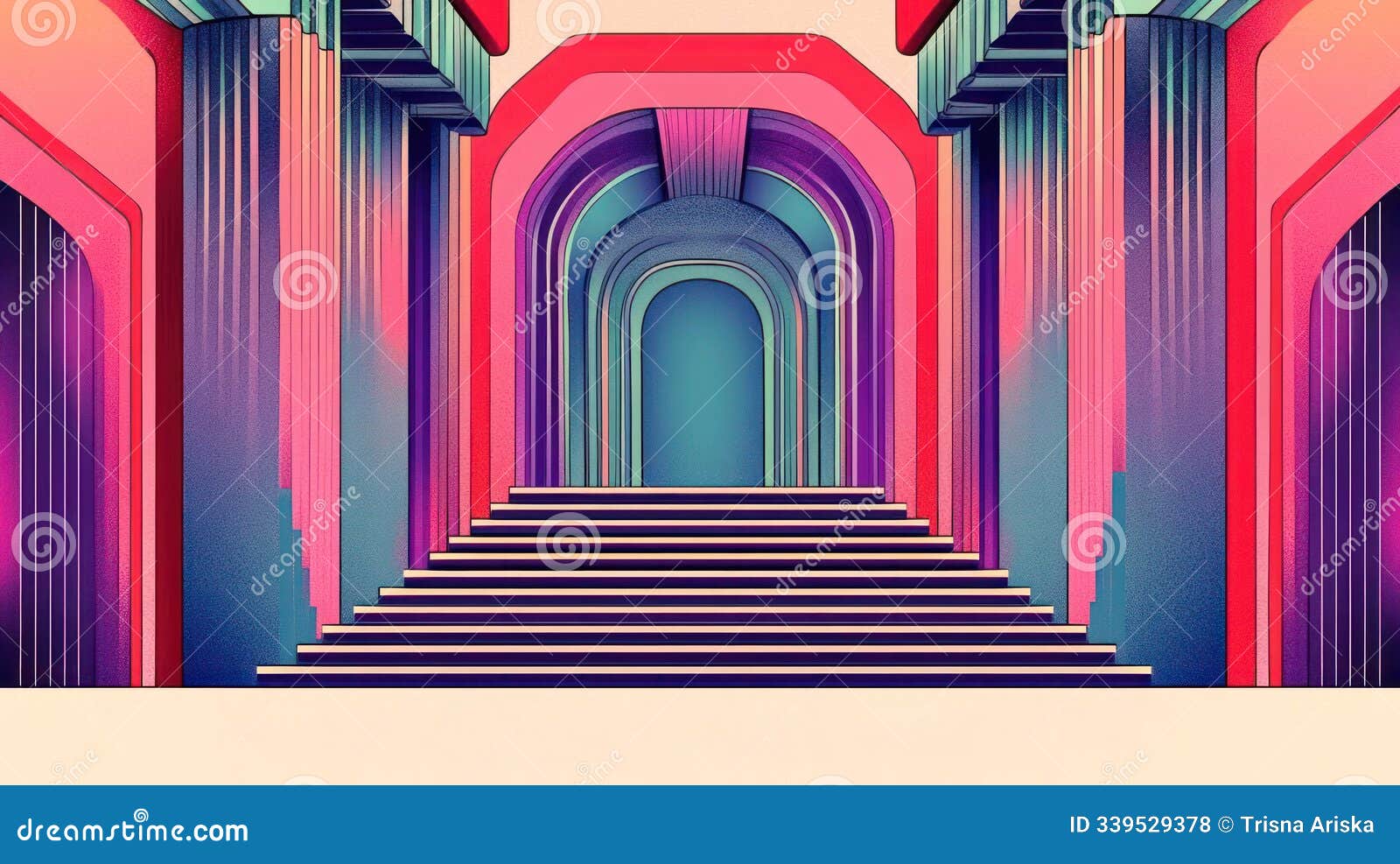 A Vibrant, Stylized Architectural Space Featuring Colorful Arches and ...