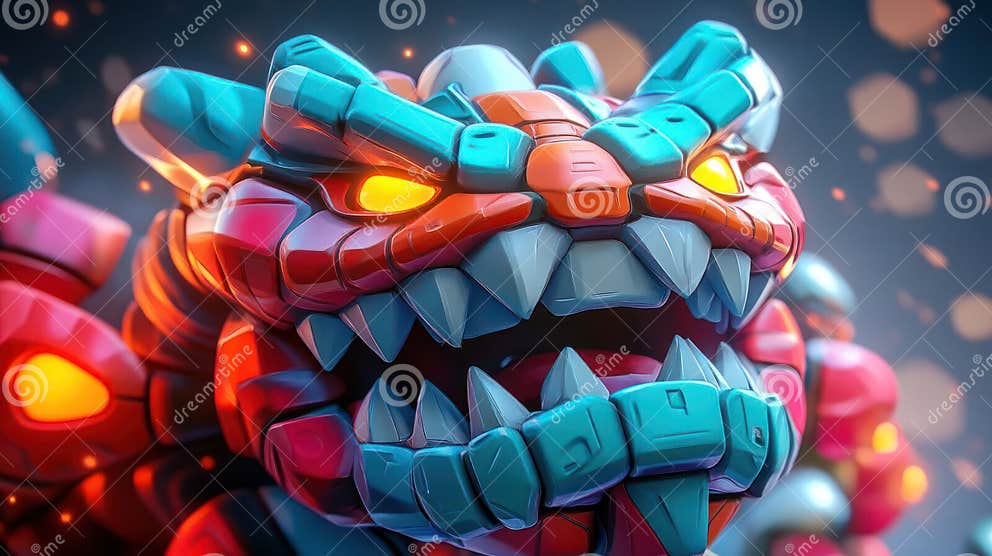 A Vibrant, Stylized Creature with Glowing Eyes and Sharp Teeth ...