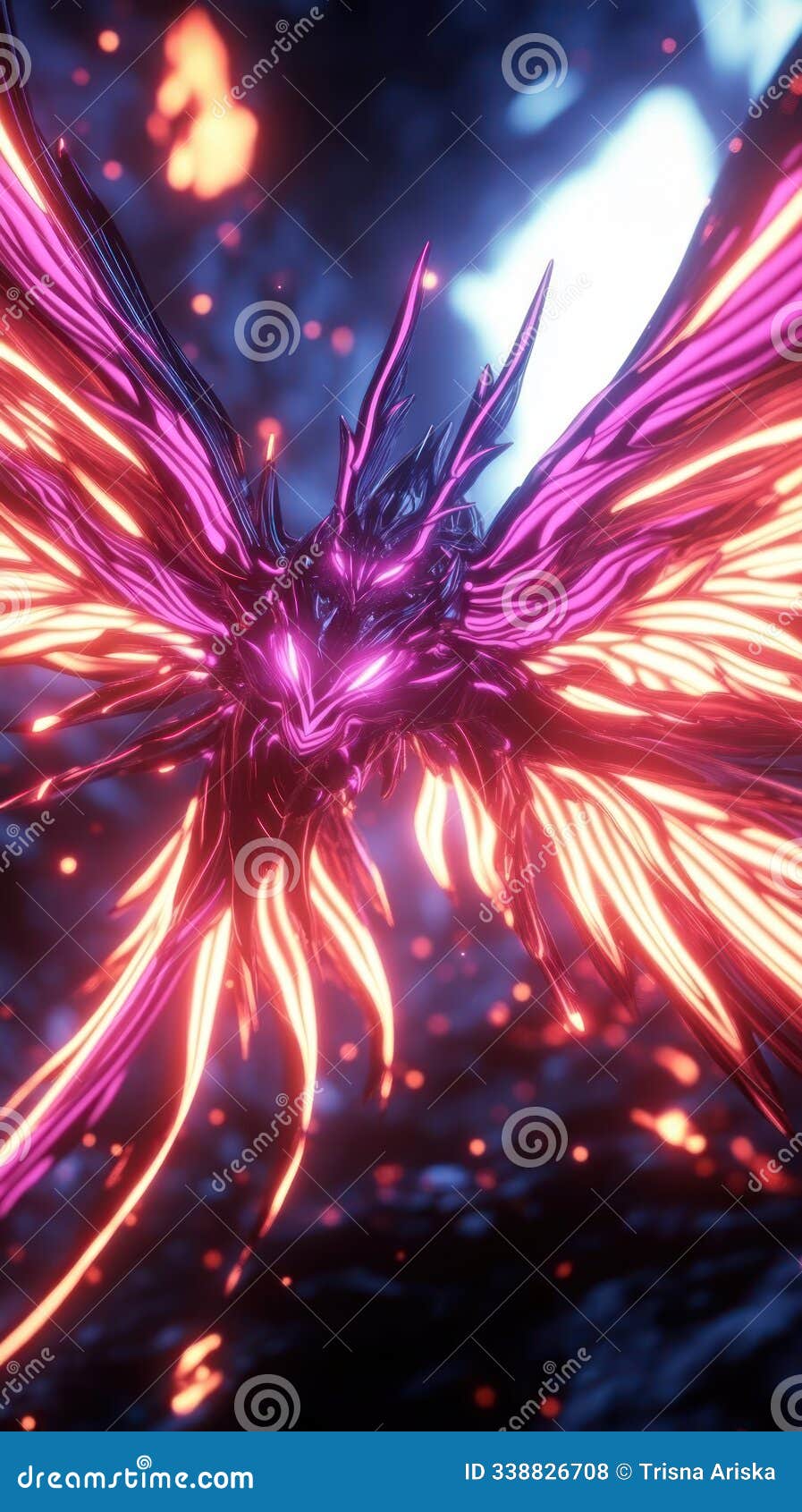 A Vibrant, Stylized Mythical Creature Resembling a Phoenix with Glowing ...