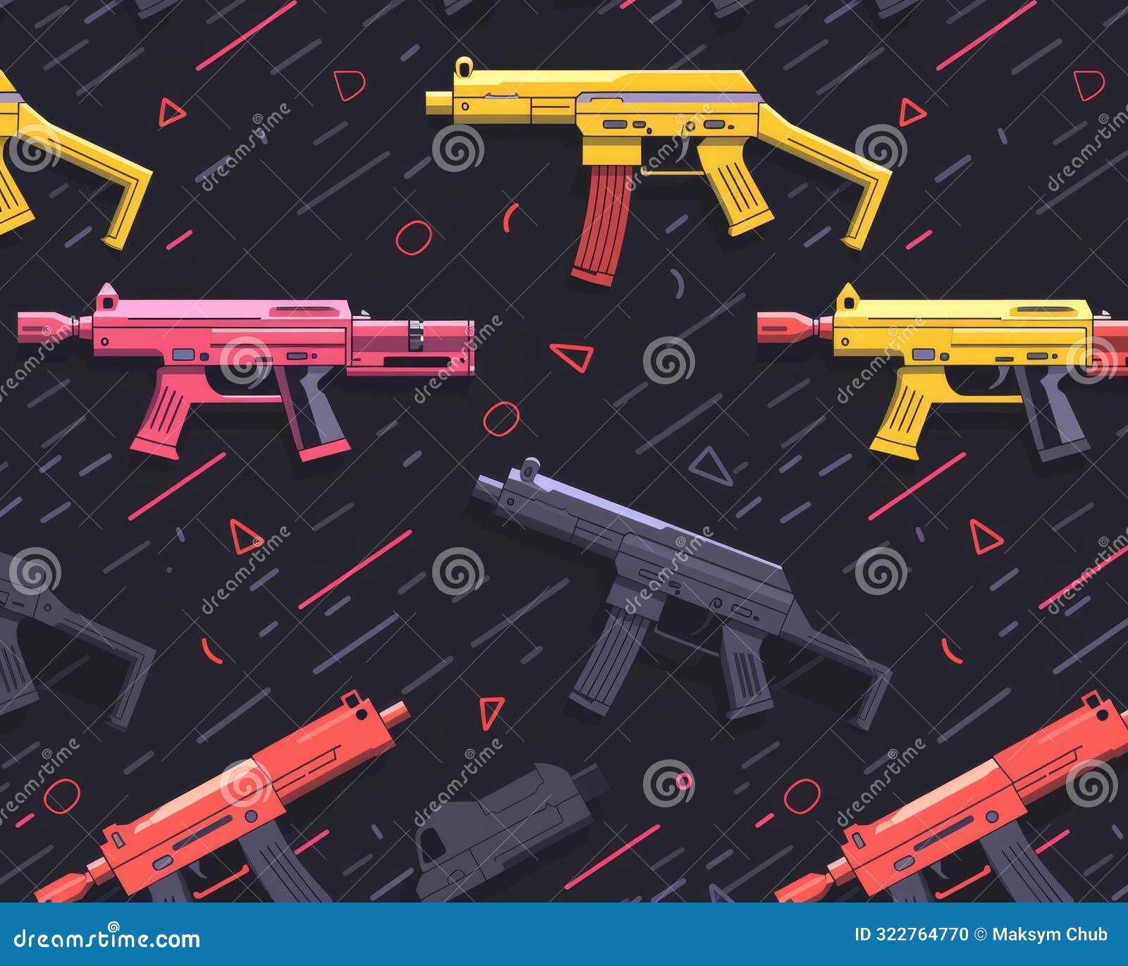 Vibrant Submachine Guns Pattern on Black Backdrop with Neon Stripes for ...