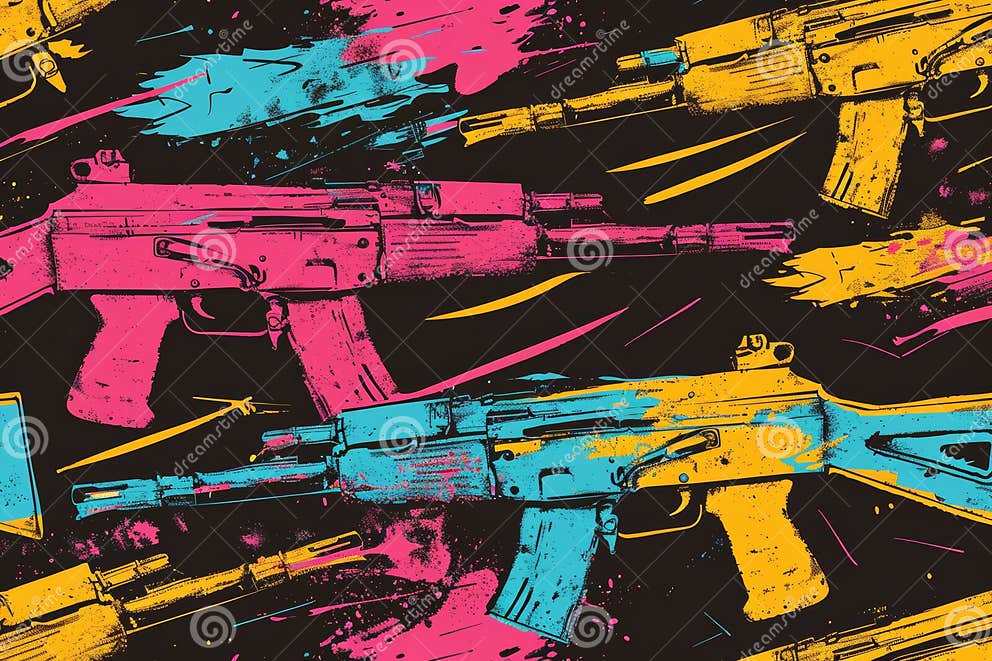 Vibrant Submachine Guns Pattern on Black with Dynamic Neon Stripes for ...