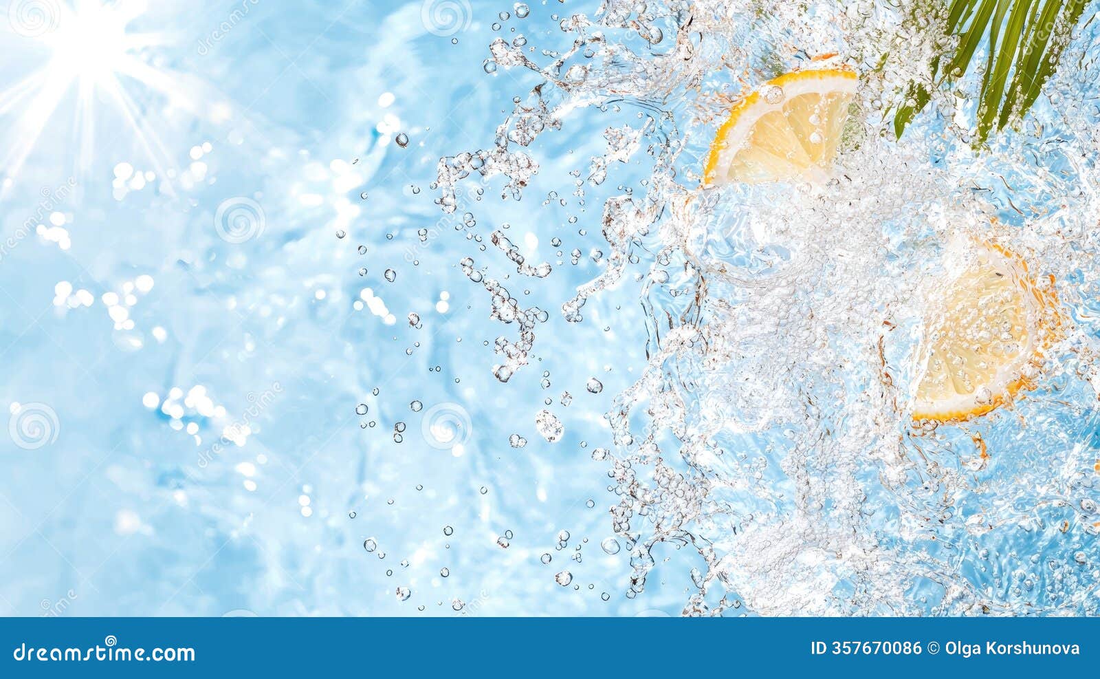 Lemon Splash in Transparent Blue Water with Bubbles and Sunlight Stock ...