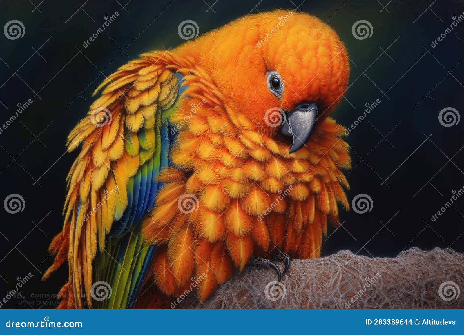 A Vibrant Sun Conure Preening Its Feathers Stock Illustration ...