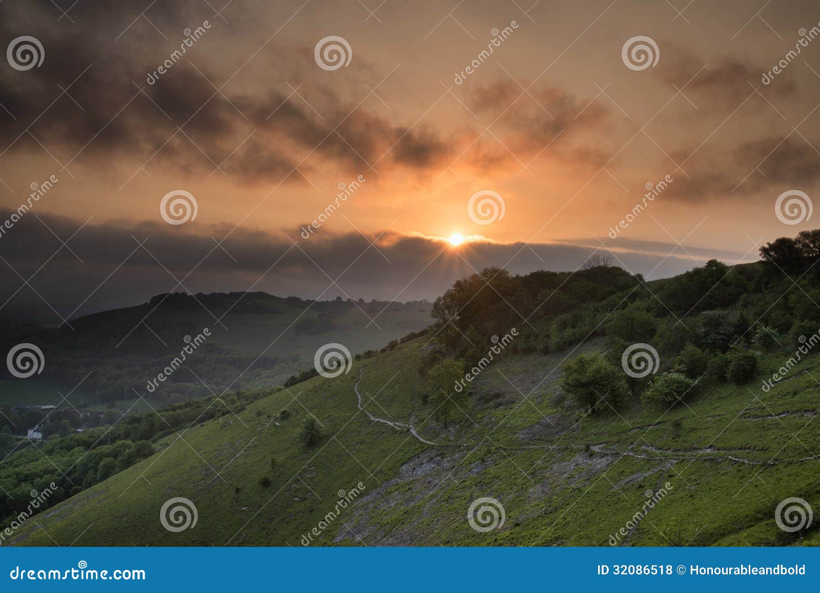 Vibrant Sunrise Over Countryside Landscape Stock Photo - Image of ...