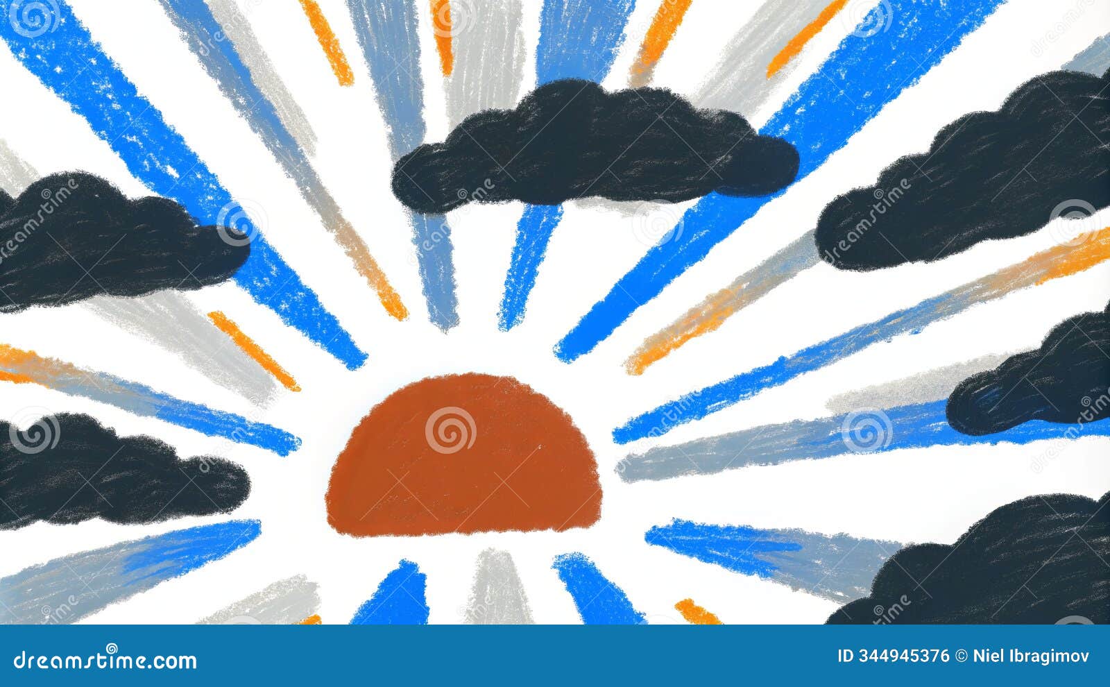 Vibrant Sunrise with Rays and Clouds in Crayon Texture Artwork Stock ...