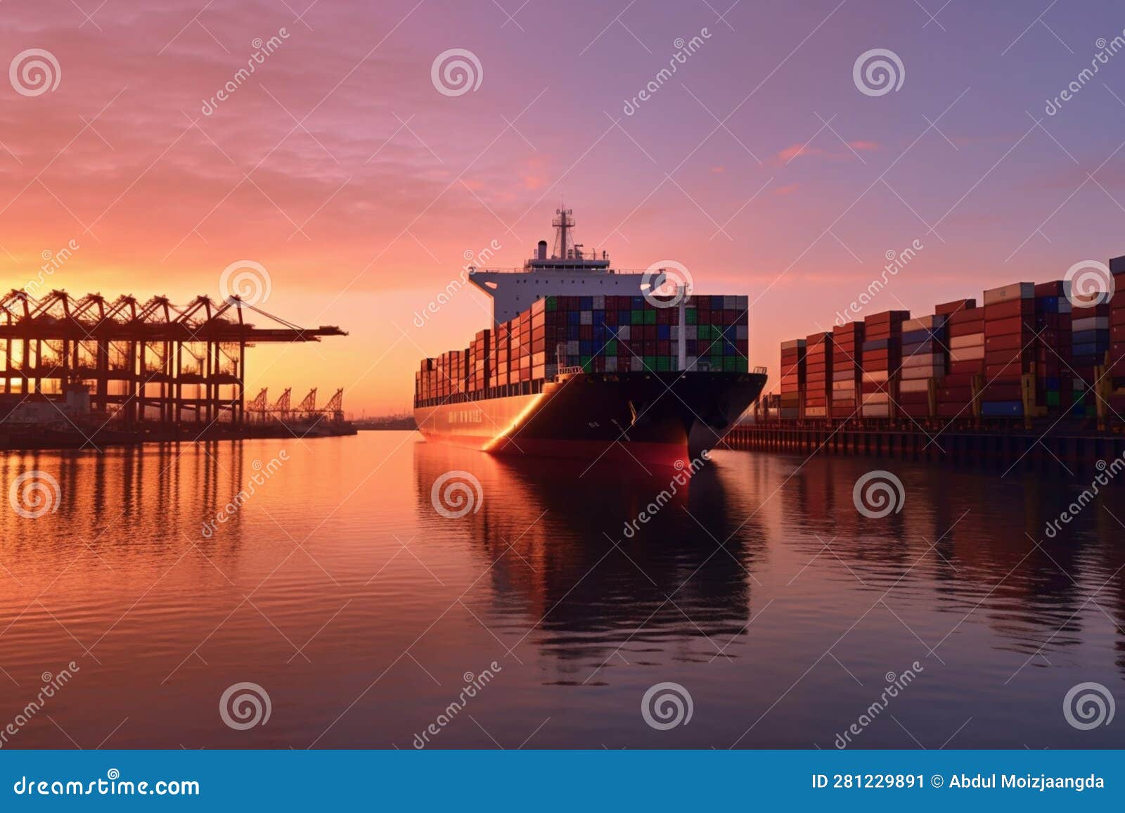 Vibrant Sunrise Scene, Container Ship Loads Freight at Import-export ...