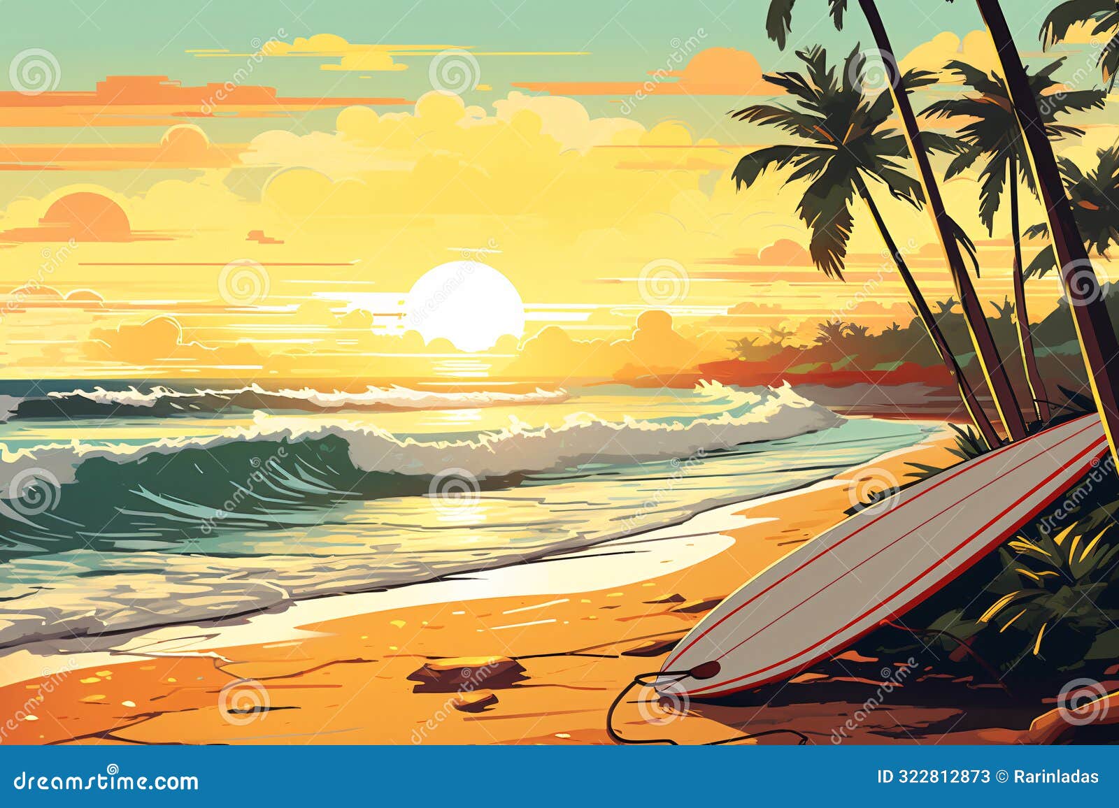 Vibrant Sunset Beach Scene with Surfboard and Palm Tree Silhouette ...