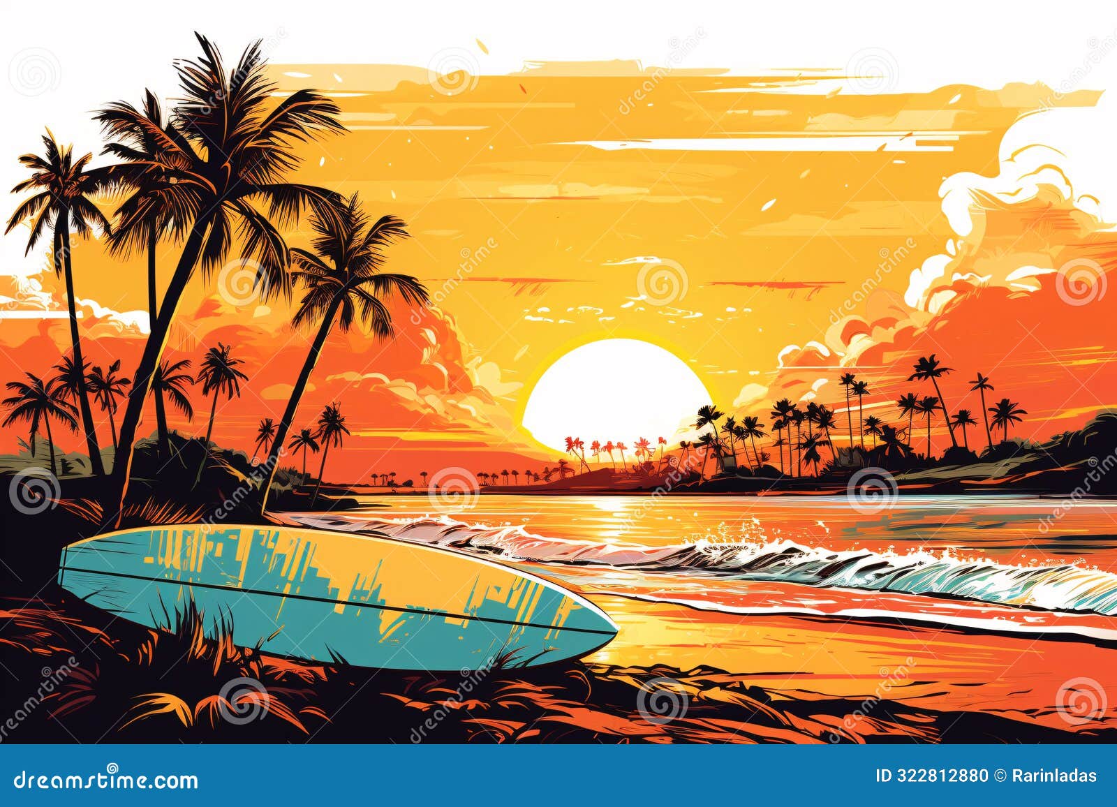 Vibrant Sunset Beach Scene with Surfboard and Palm Tree Silhouette ...
