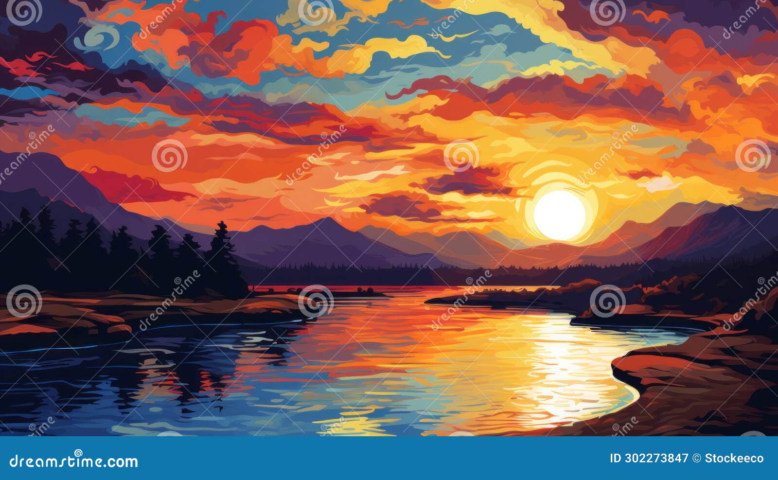 Vibrant Sunset Illustration in the Style of E. Munch with Paint ...