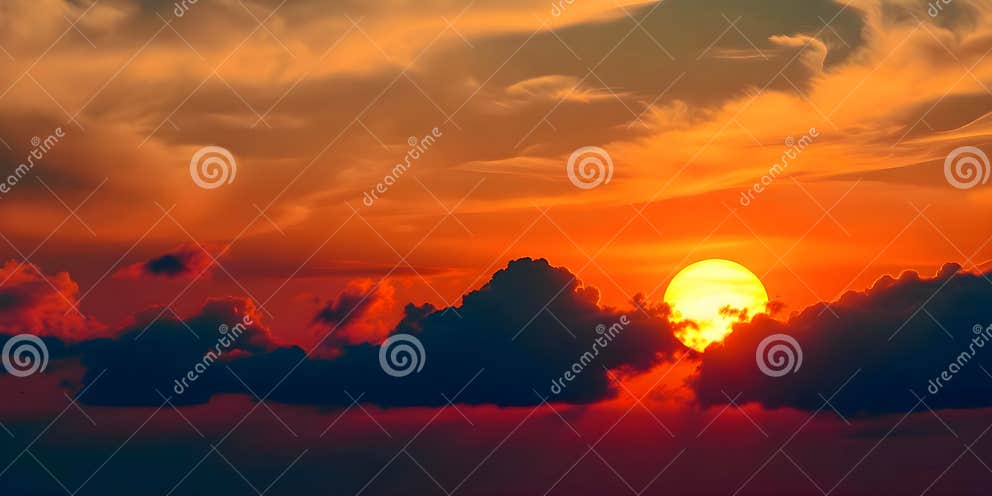 A Vibrant Sunset with a Large Glowing Sun and Wispy Clouds Stock ...