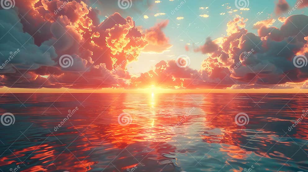Vibrant Sunset Ocean 3D Illustration Stock Illustration - Illustration ...