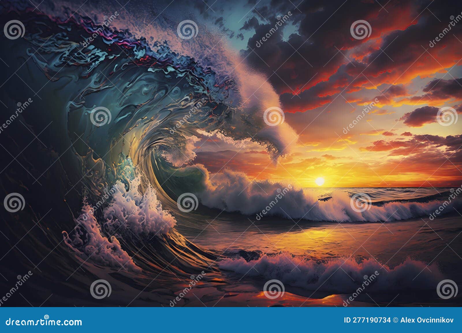 Vibrant Sunset Ocean Wave Crest For Invitations And Posters. Royalty ...