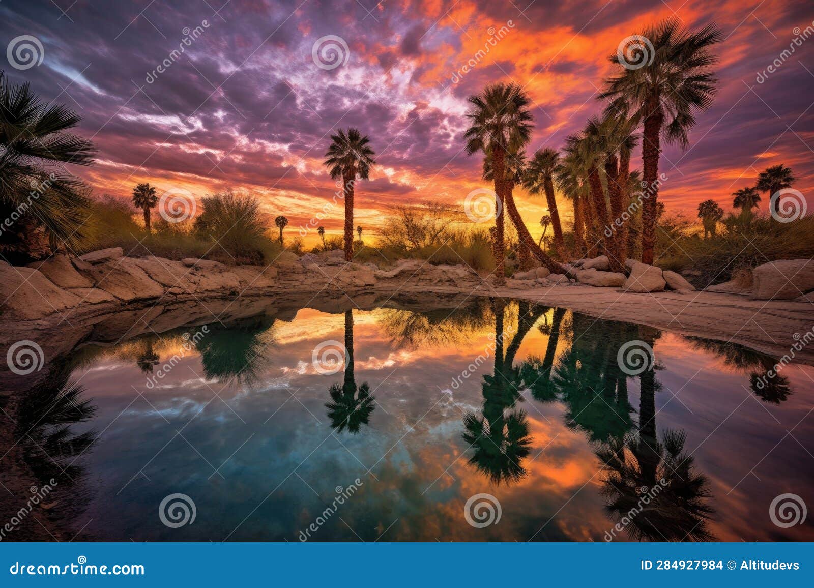 Vibrant Sunset Reflecting on a Desert Oasis Stock Photo - Image of ...