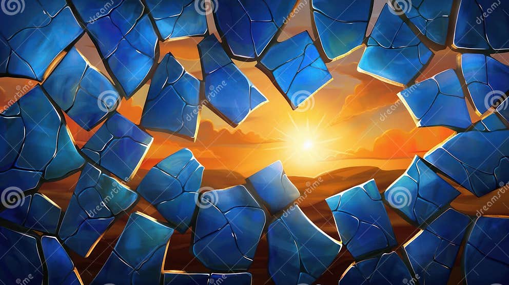 A Vibrant Sunset Scene Viewed through Shattered Blue Glass, Creating a ...