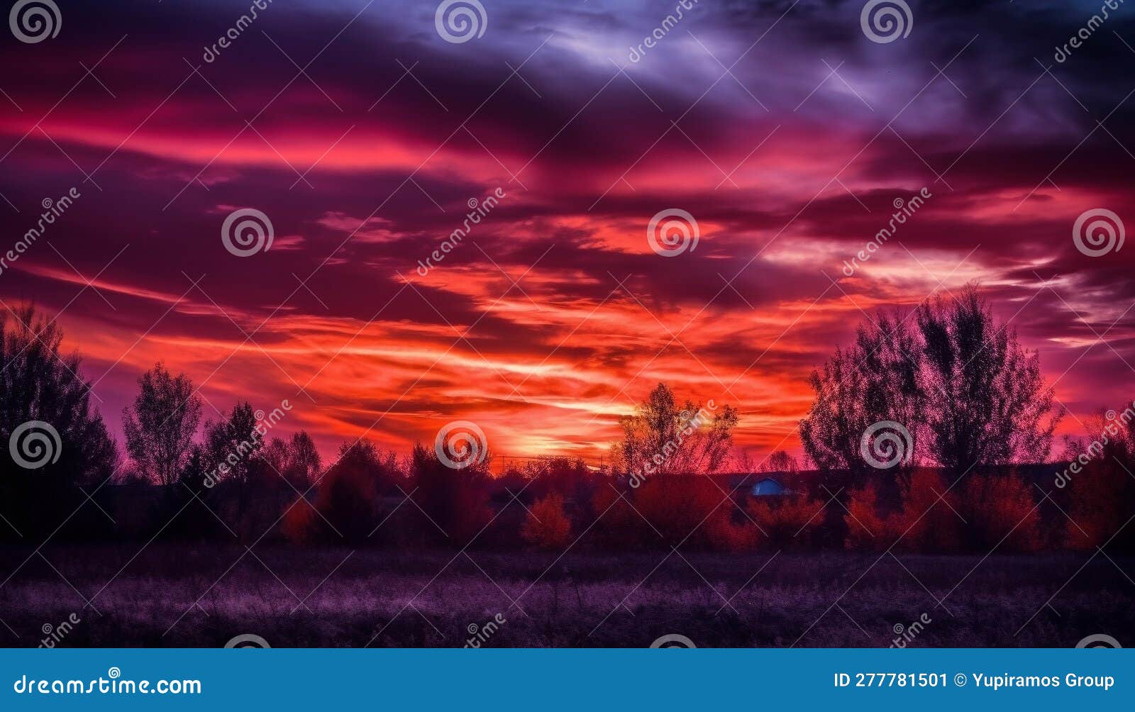 Vibrant Sunset Silhouettes Tree on Tranquil Horizon Generated by AI ...