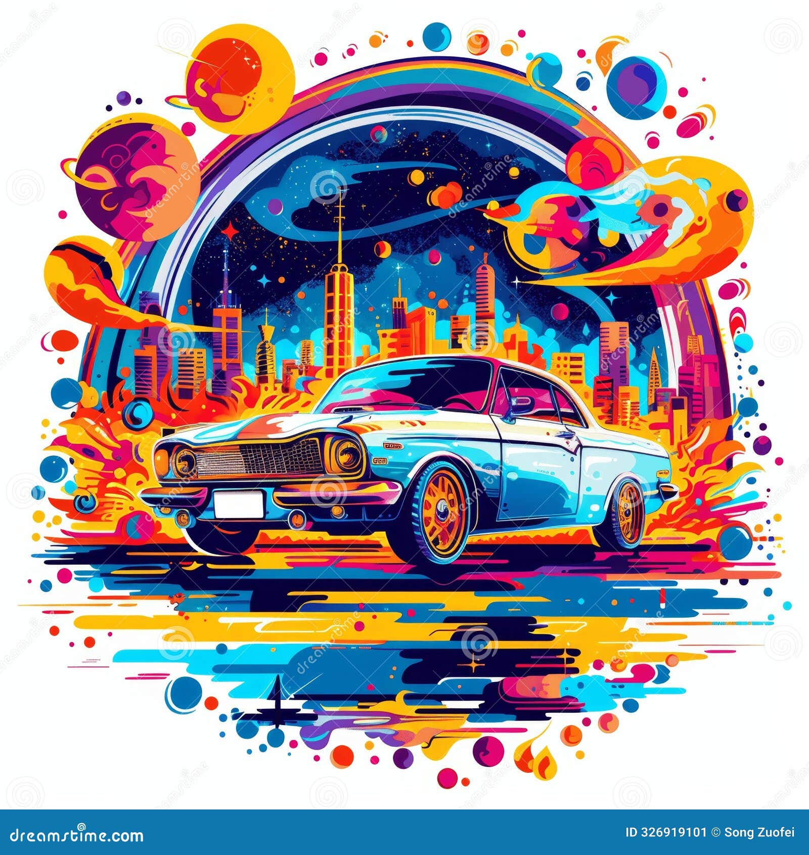 Vibrant Surreal Psychedelic Pop Art Car Illustration on White ...