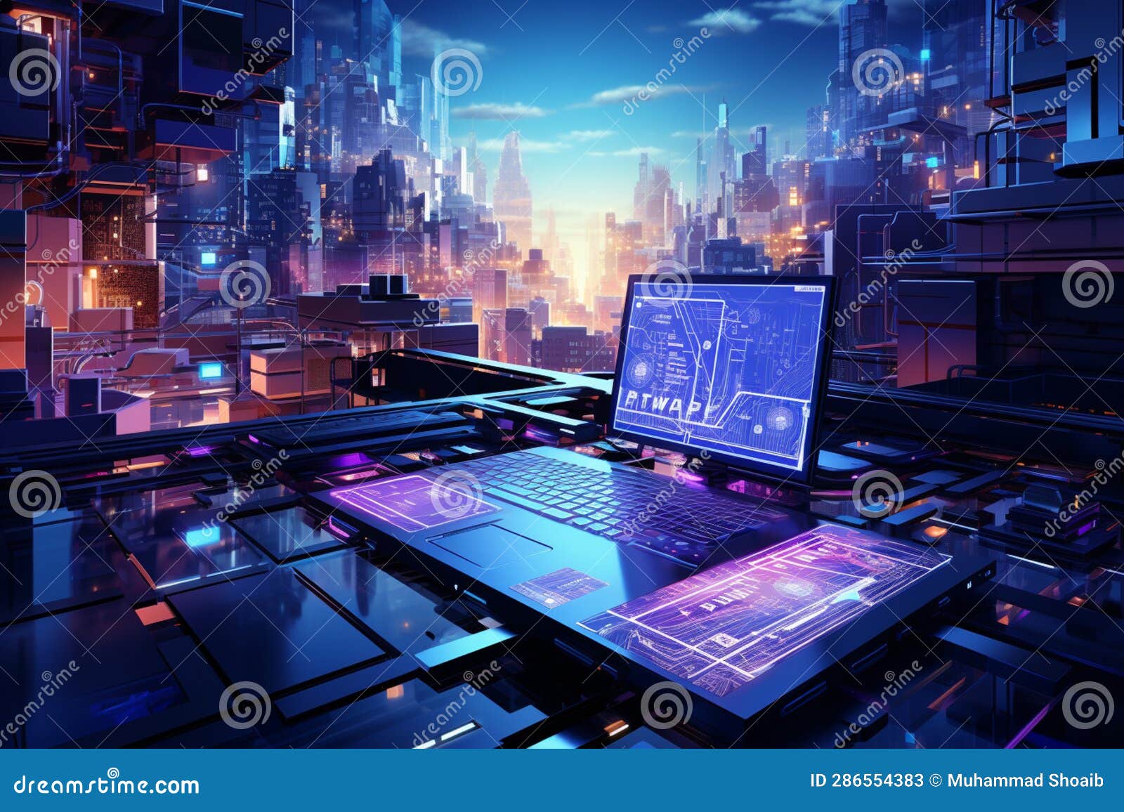 Vibrant Tech Illustration Blue Violet Isometric Background with Flat ...