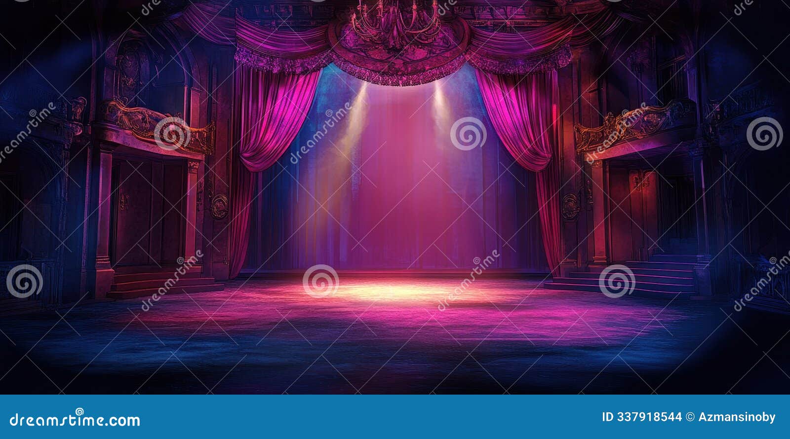 A Vibrant Theater Stage with Dramatic Curtains and Colorful Lighting ...