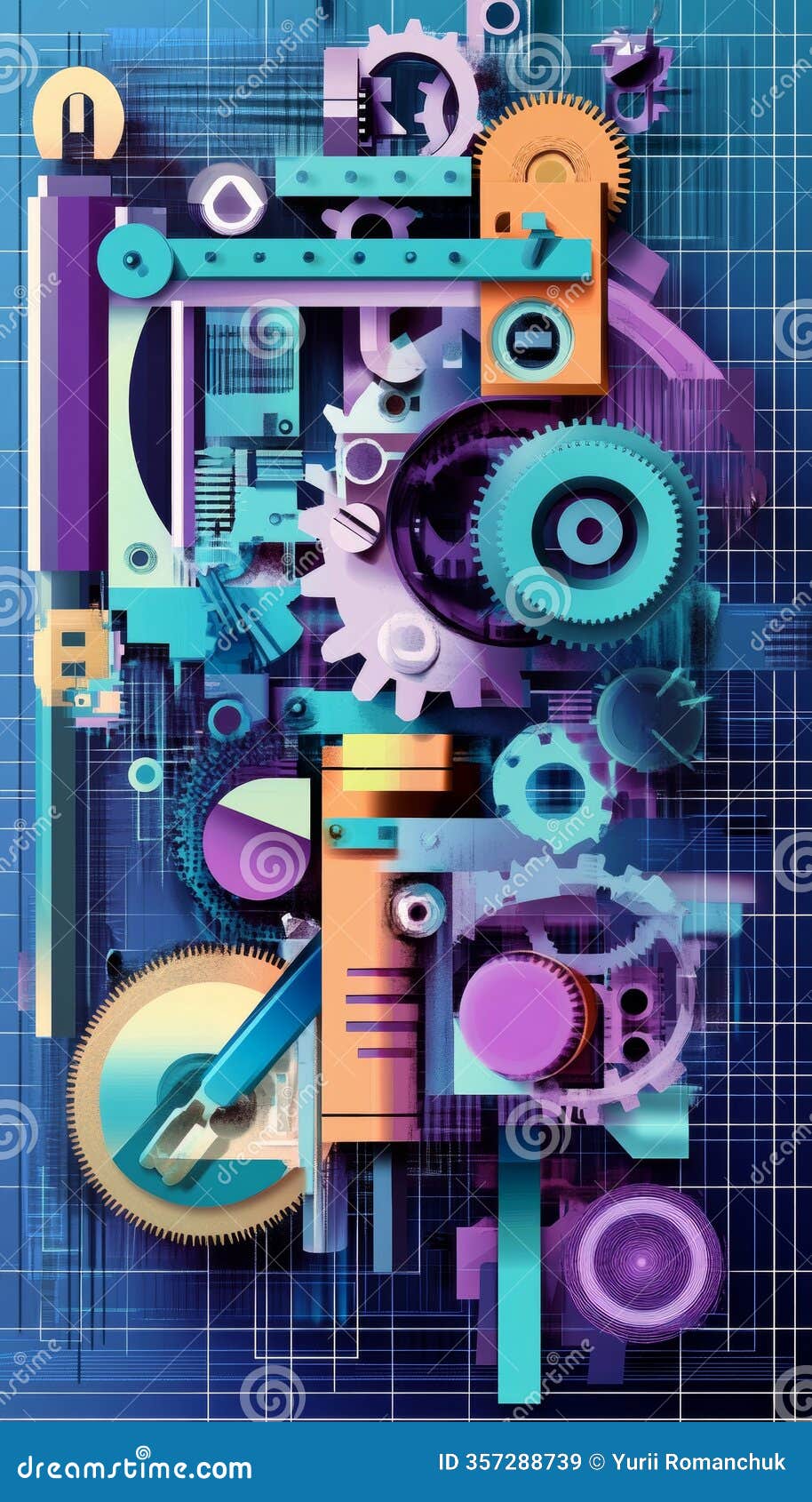 Vibrant Thumbnail Illustration Of Gears, Circuits, And Tools On A Grid ...