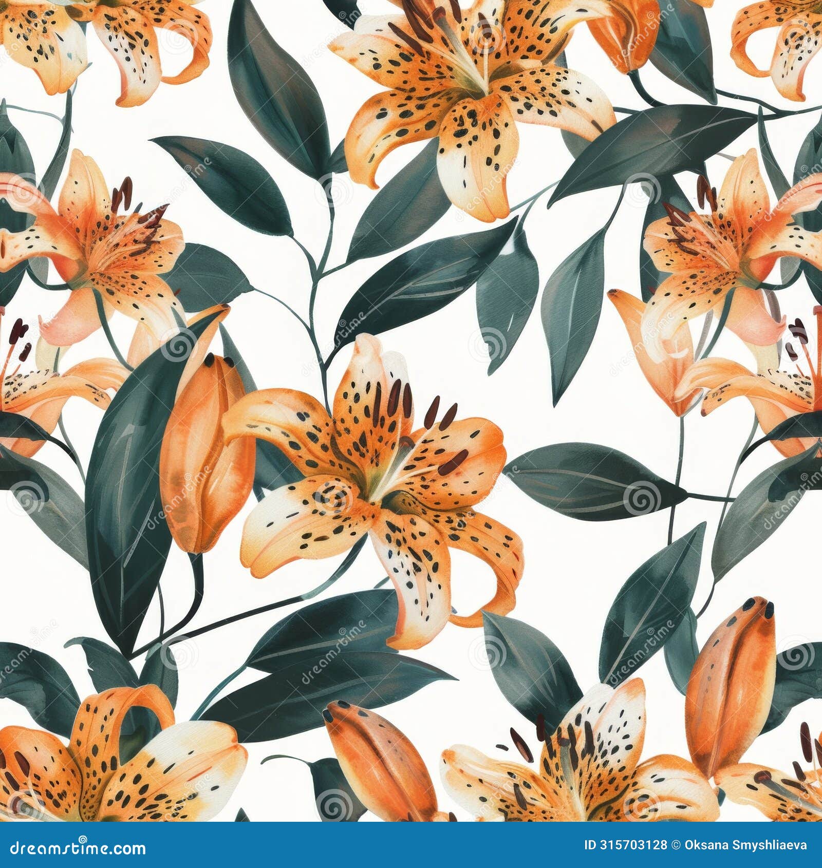 Vibrant Tiger Lily Floral Pattern on White Background Stock Photo ...